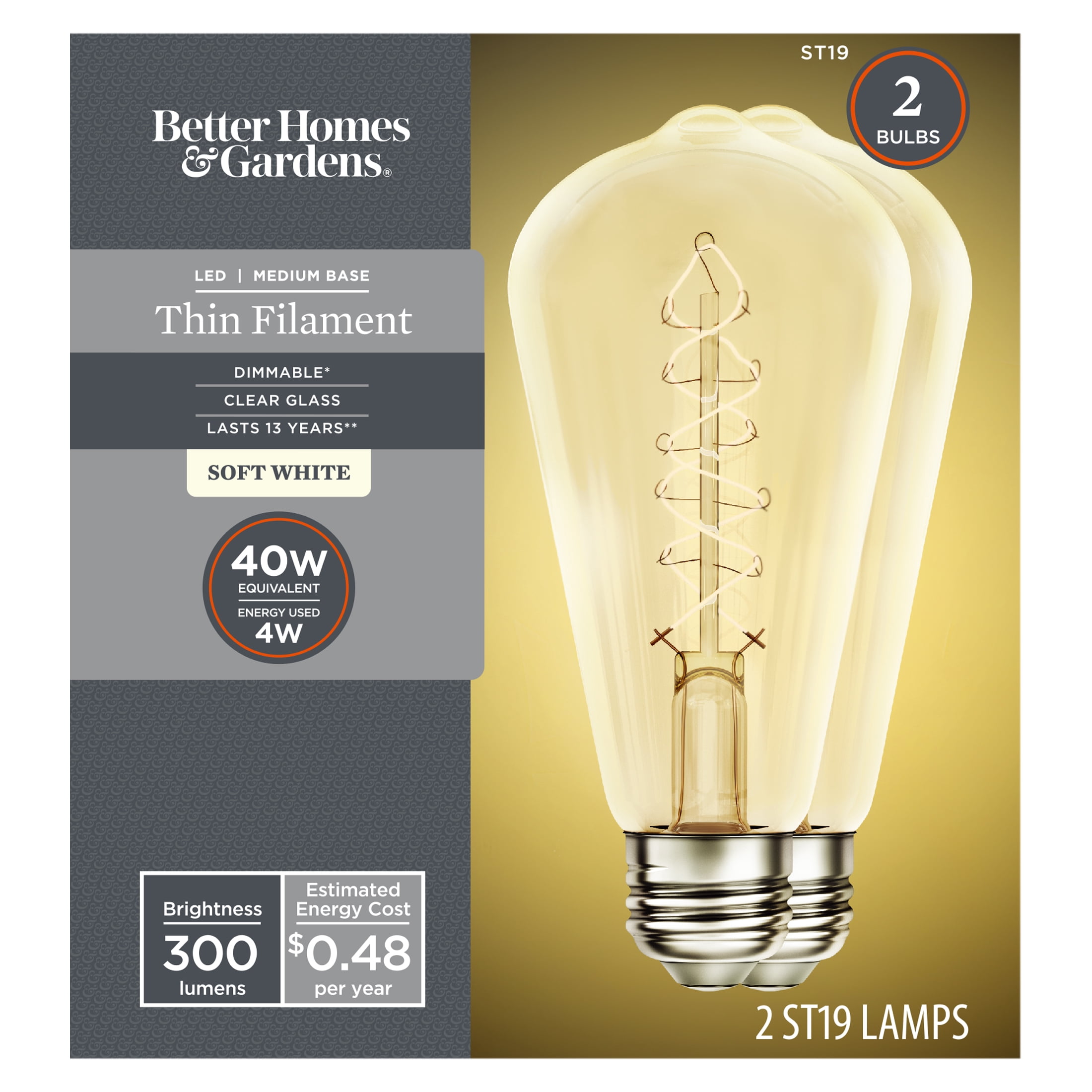 Better Homes & Gardens 4W(40W Equivalent) Soft White Dimmable ST19 Thin ...
