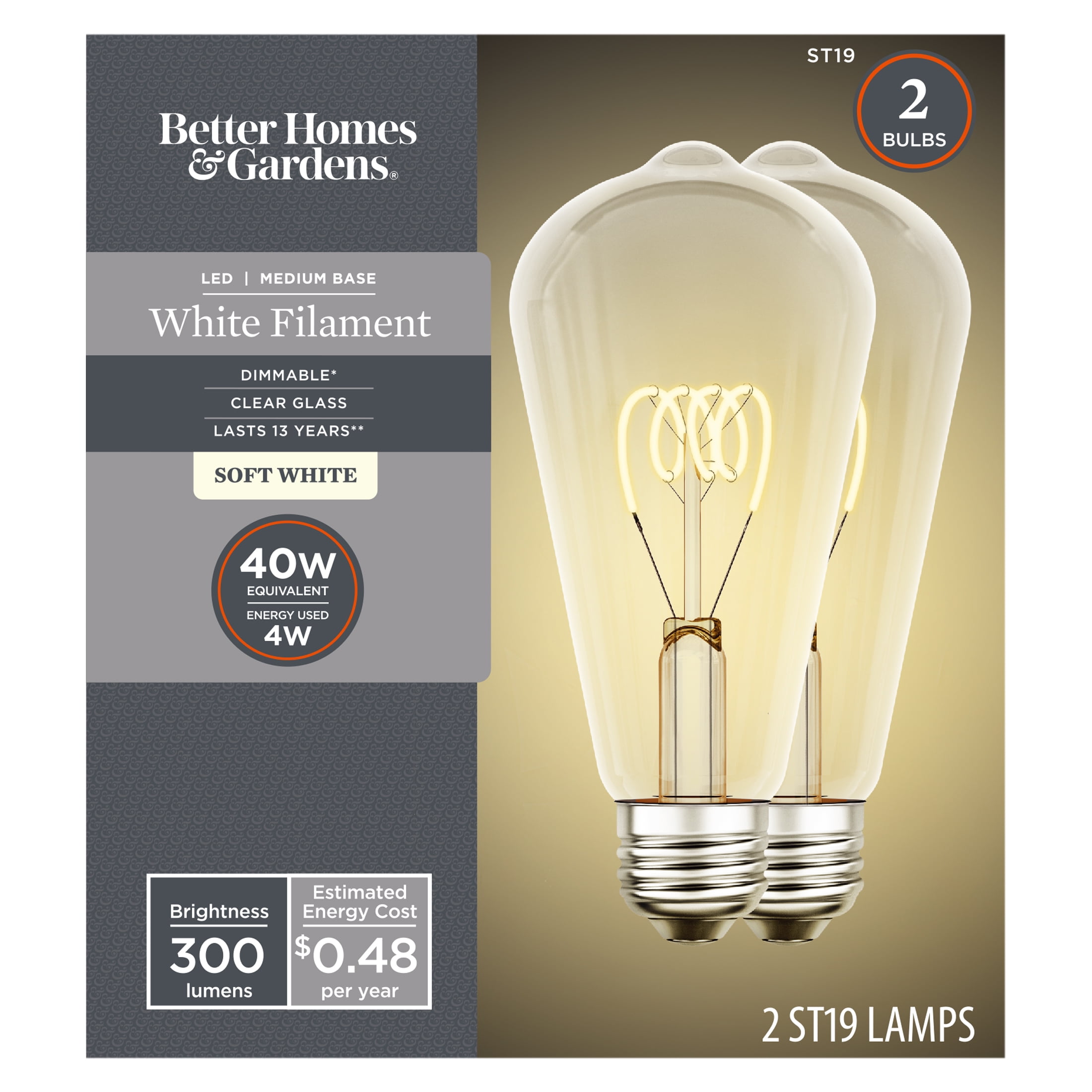 Better Homes & Gardens 4W (40W Equivalent) Soft White Dimmable ST19 ...