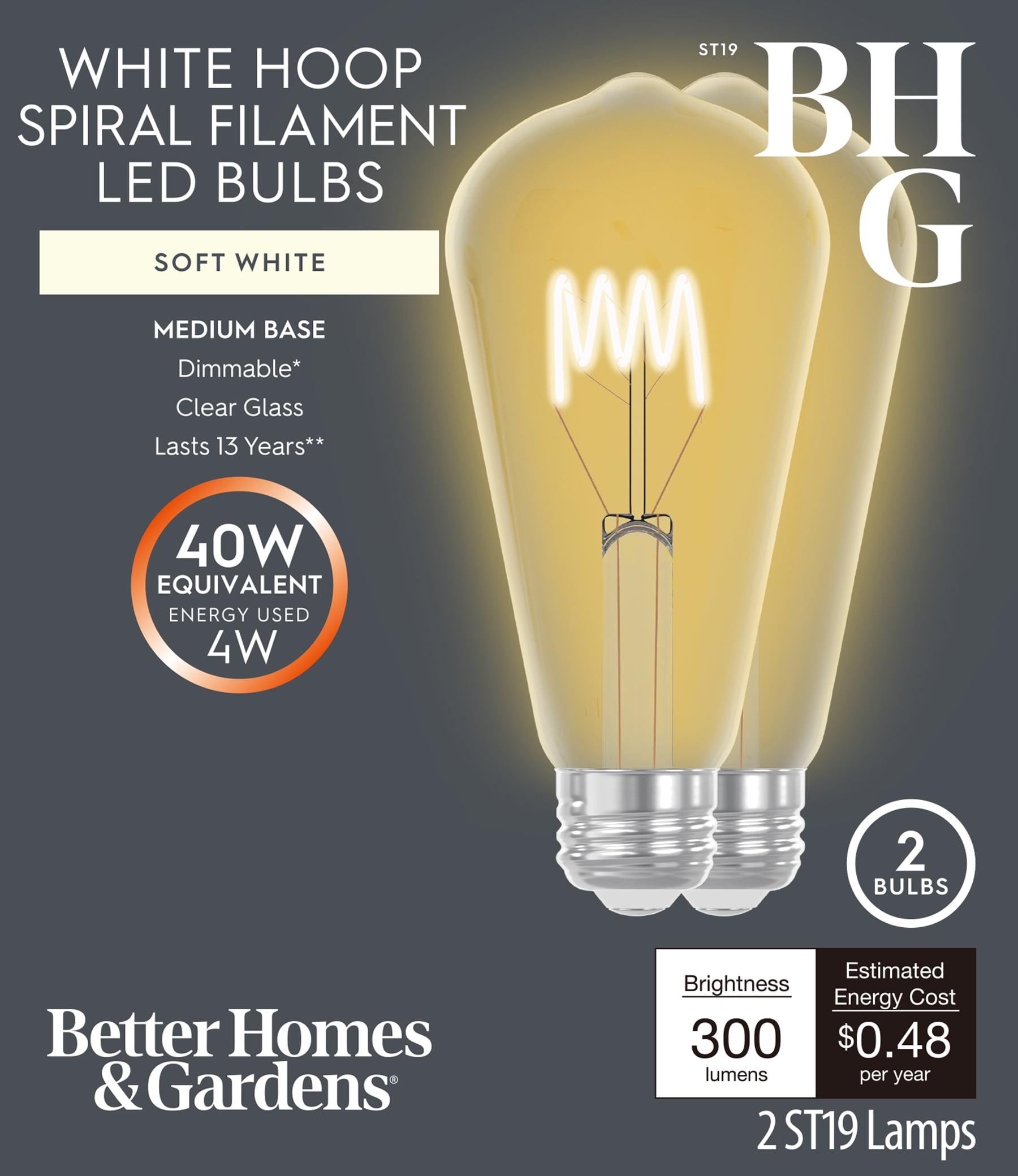 Better Homes & Gardens 4W (40W Equivalent) Soft White Dimmable ST19 ...