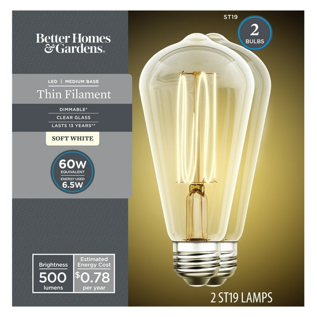 Better Homes & Gardens 6.5W (60W Equivalent) Soft White Dimmable ST19 ...