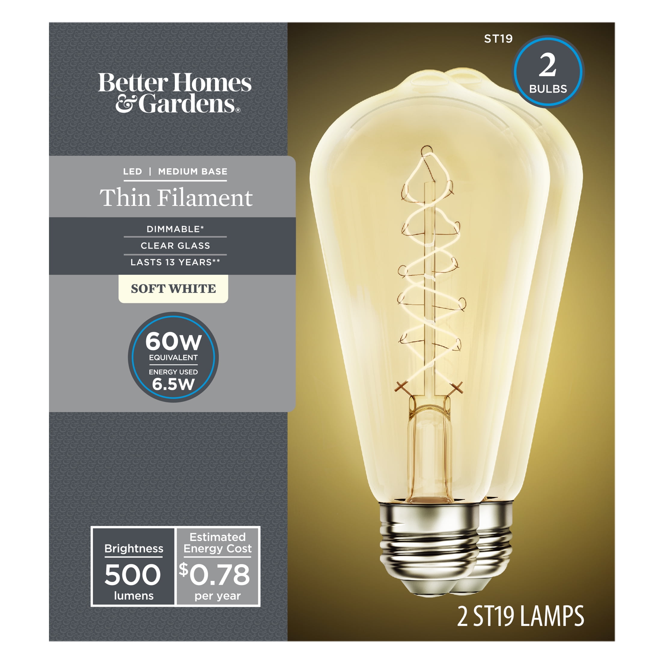 Better Homes & Gardens 6.5W (60W Equivalent) Soft White Dimmable ST19 ...