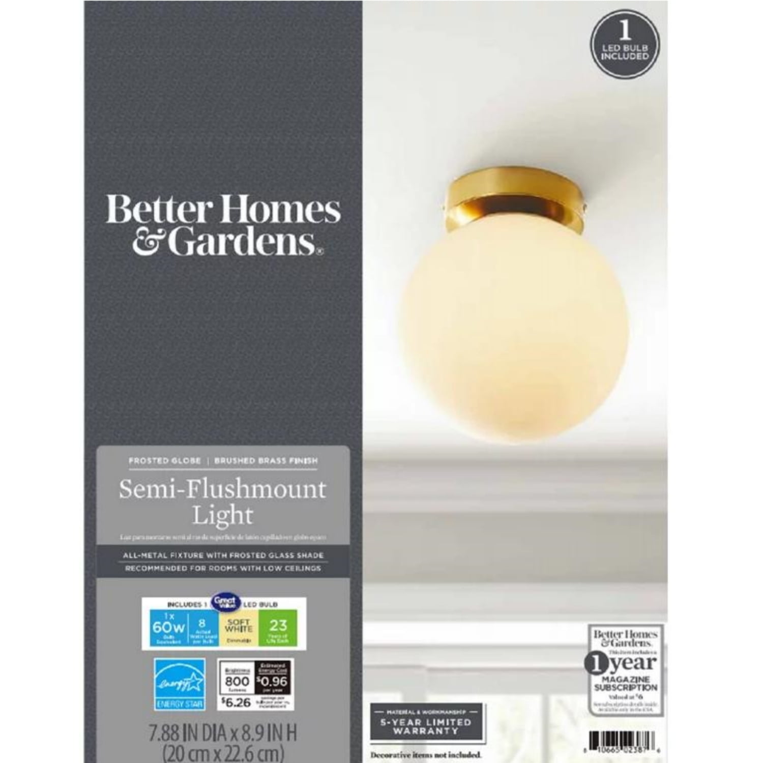 Better Homes & Gardens 8" Classic Semi Flush Mount Ceiling Light, Brass ...