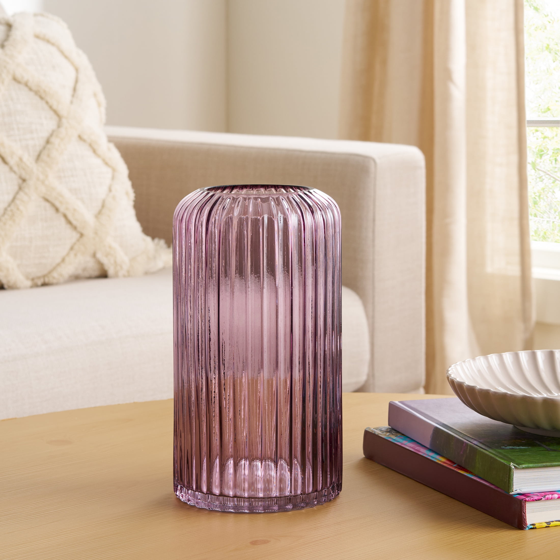 Better Homes & Gardens 9.8" Pink Ribbed Glass Vase Modern Decorative ...