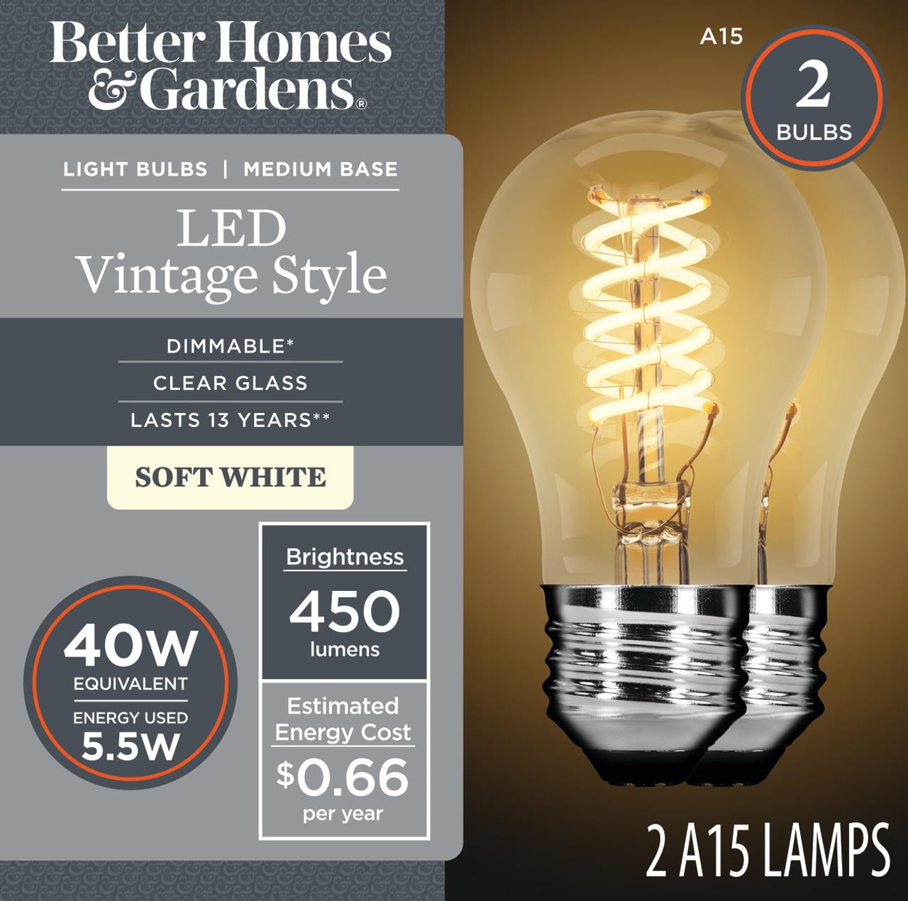 Better Homes & Gardens A15 Vintage LED Light Bulb, 40 Watts, Soft White ...
