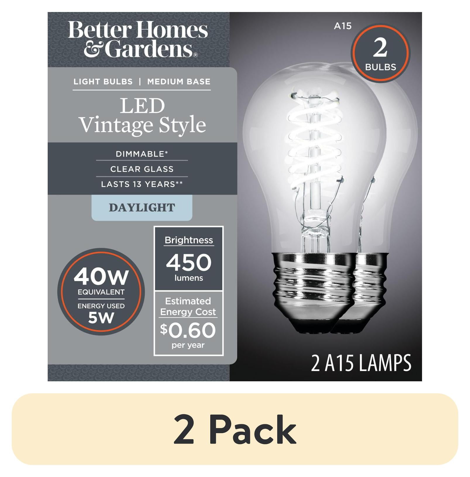 (2 pack) Better Homes & Gardens A15 Vintage LED Light Bulb, 40W ...