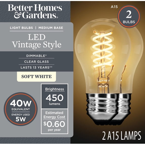 Better Homes & Gardens A15 Vintage LED Light Bulb, 40W, Soft White, E26 ...