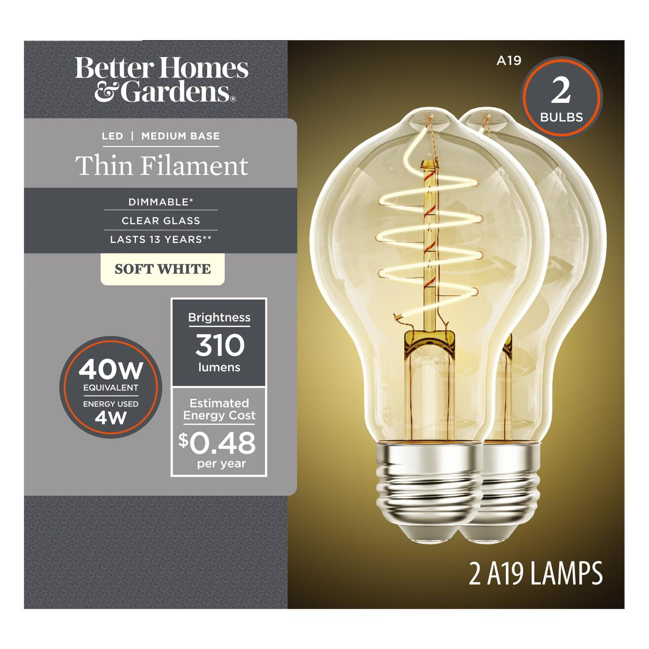 Better Homes & Gardens A19 LED Vintage Light Bulb, 4 Watts (40W ...