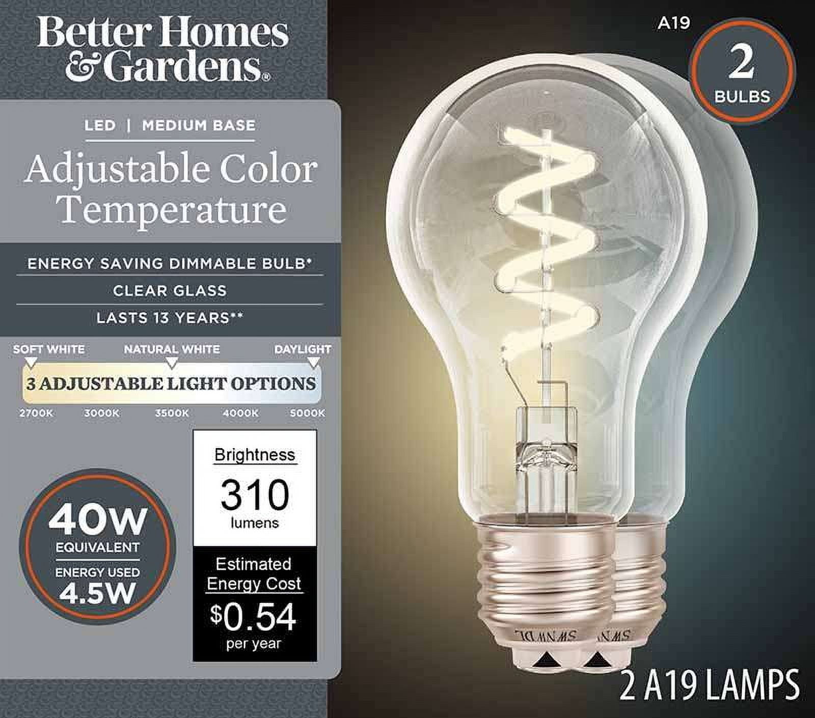 Better Homes & Gardens LED A19 Vintage Light Bulb 4.5W Spiral Filament ...