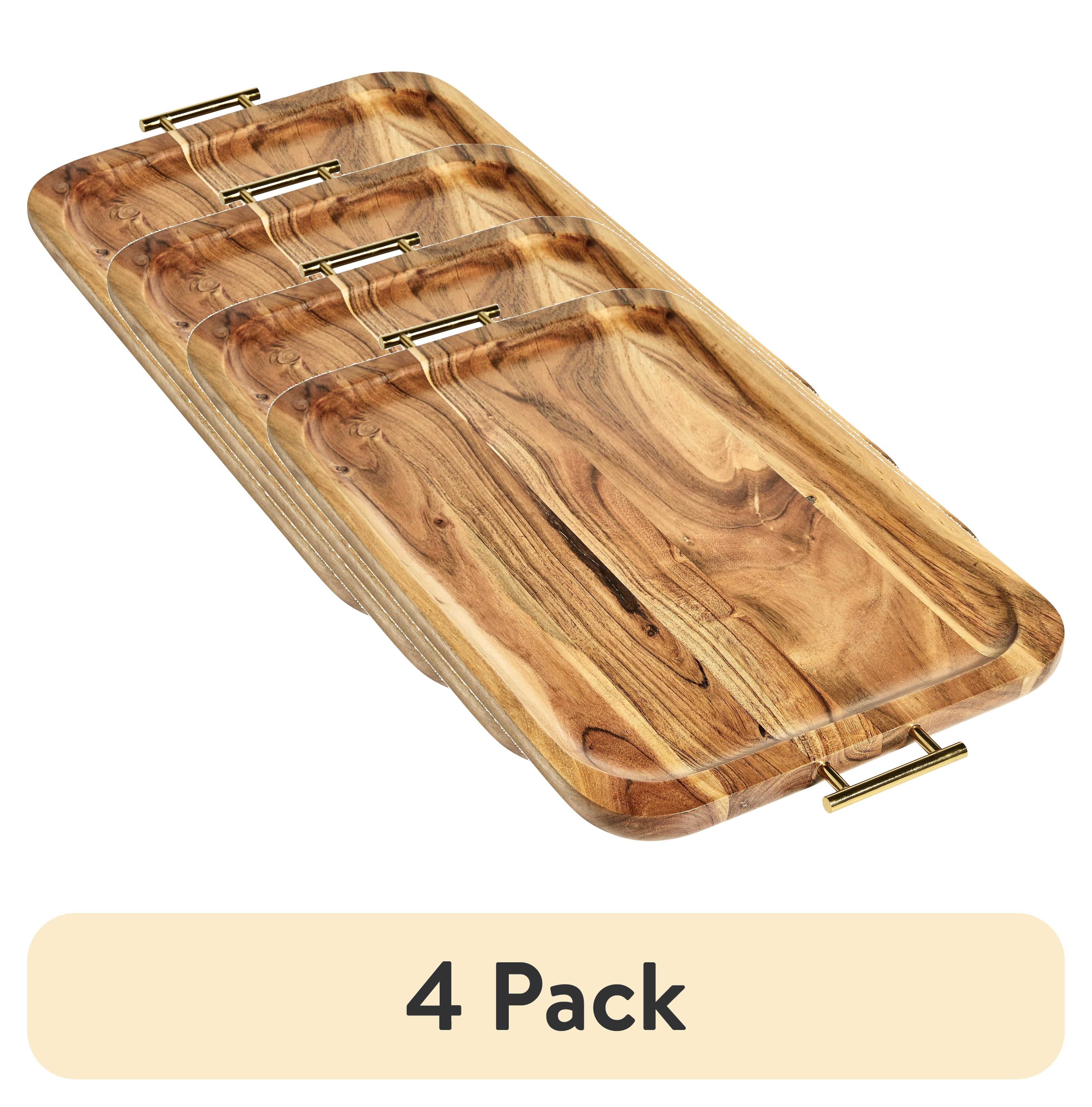 (4 pack) Better Homes & Gardens- Acacia Wood Rectangle Tray with Gold ...