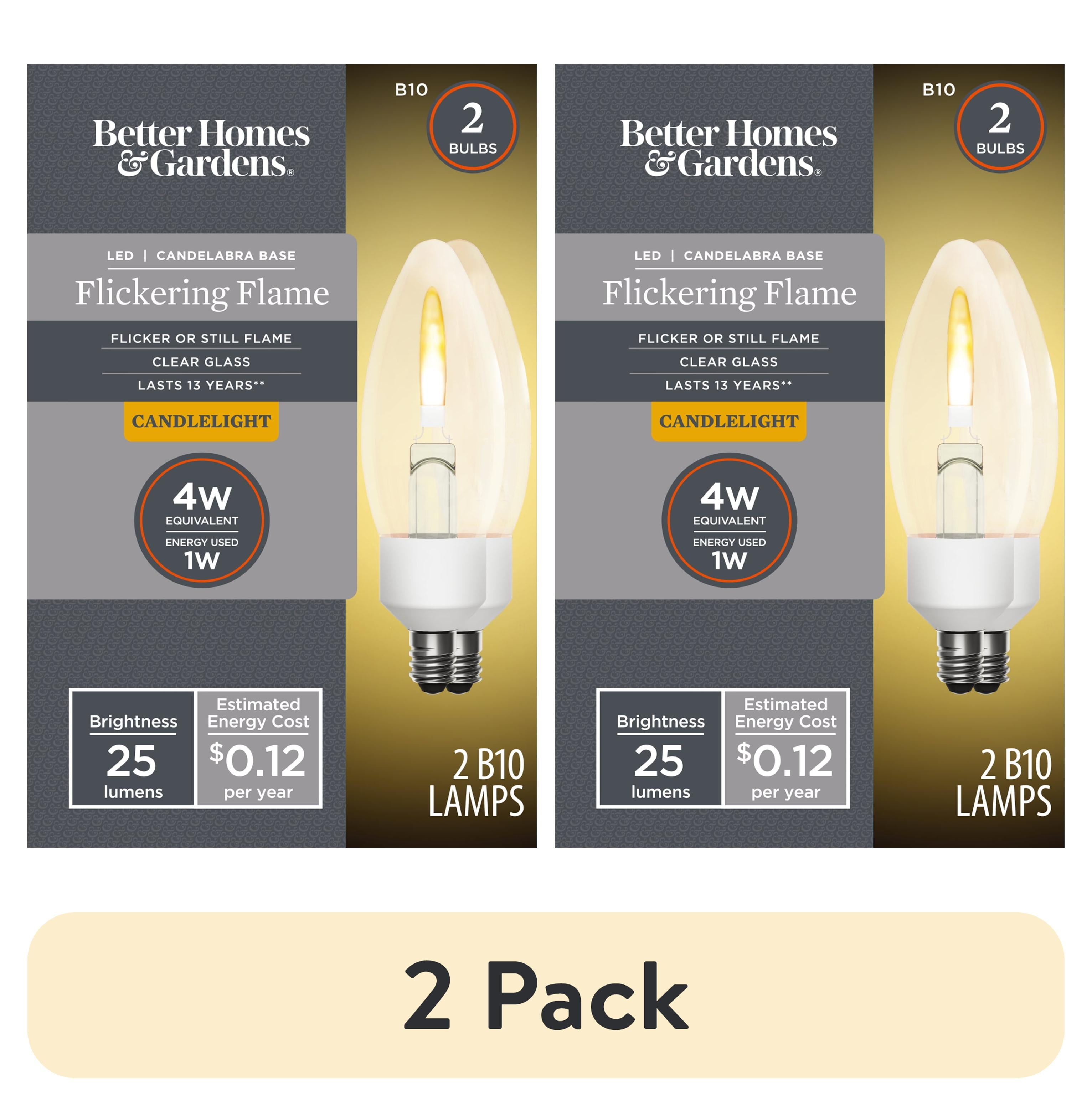 (2 pack) Better Homes & Gardens B10 Decorative LED Flicker Flame Light Bulb, E12 Candelabra Base ...
