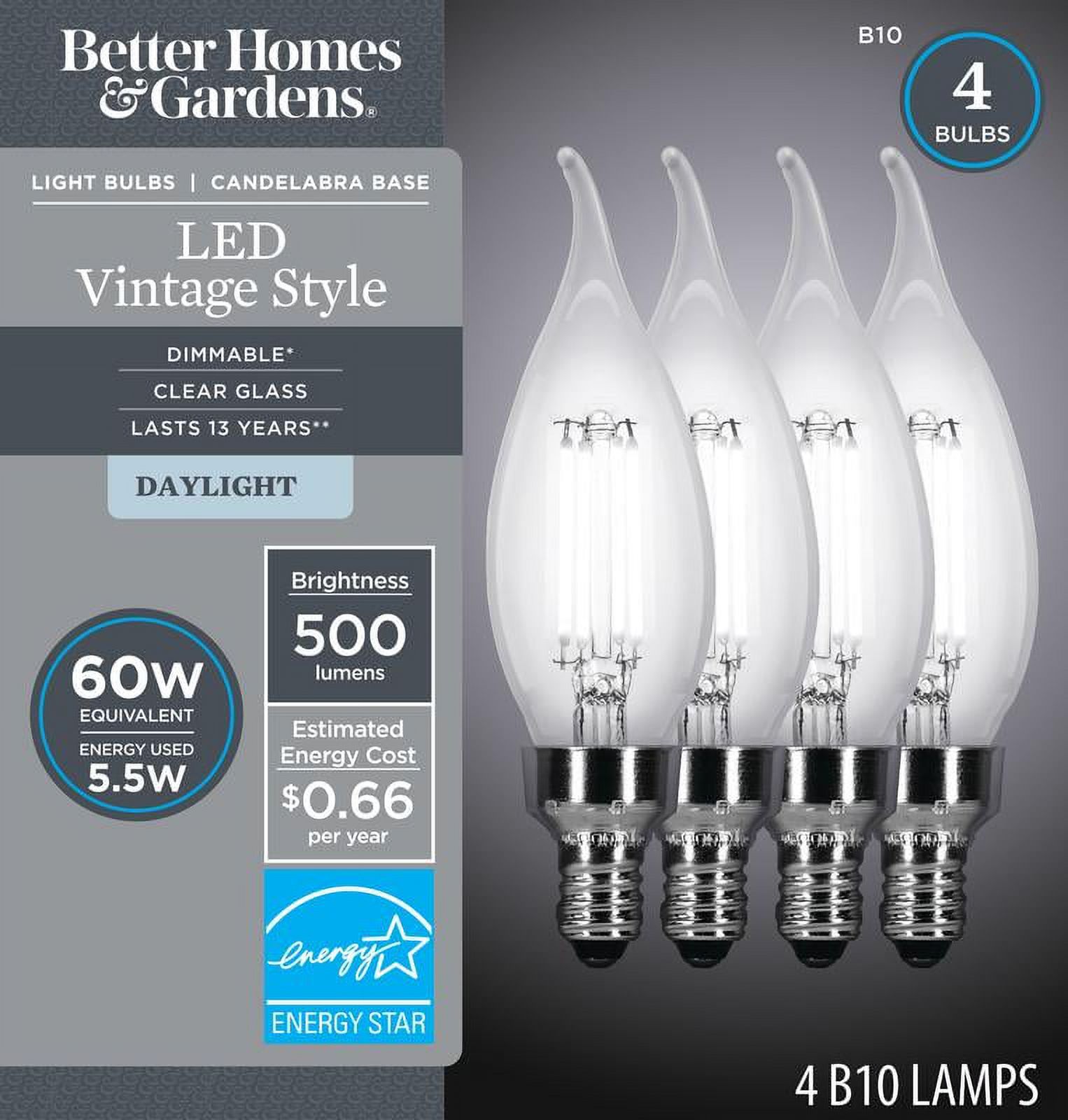 Better Homes & Gardens B10 Vintage smokey LED Light Bulb, 25W Eqv, Dim ...