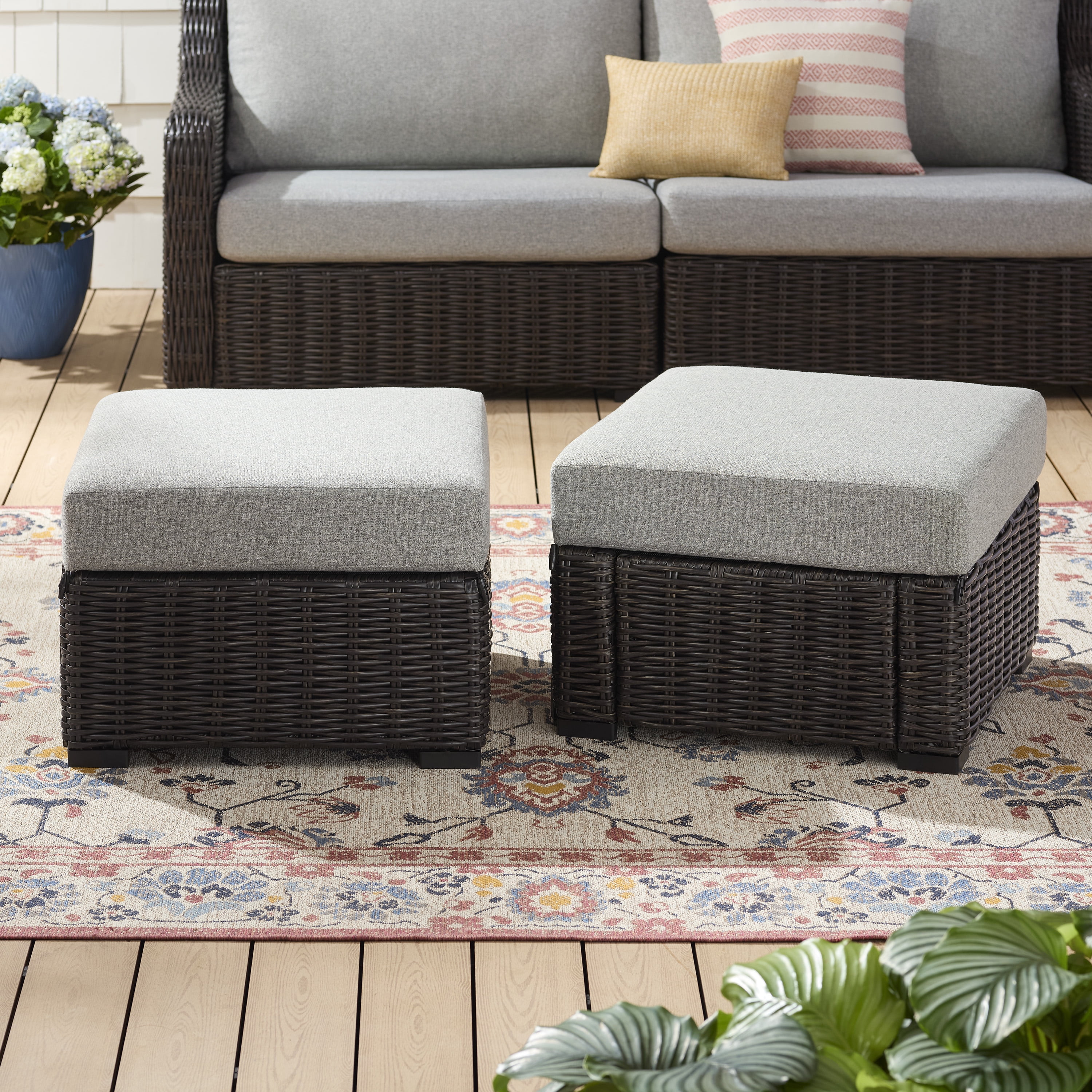 Better Homes & Gardens Bellamy Outdoor Wicker Ottomans, Dark Brown, 2 ...