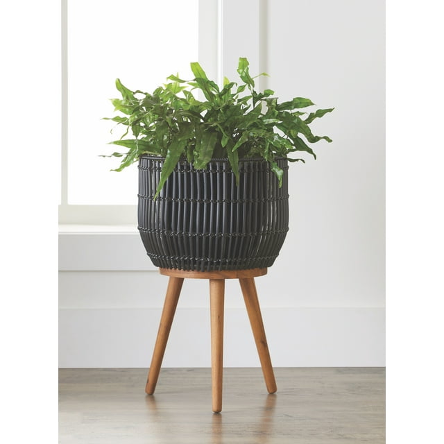Better Homes & Gardens Black Round Resin Rattan Planter & Stand Set ...