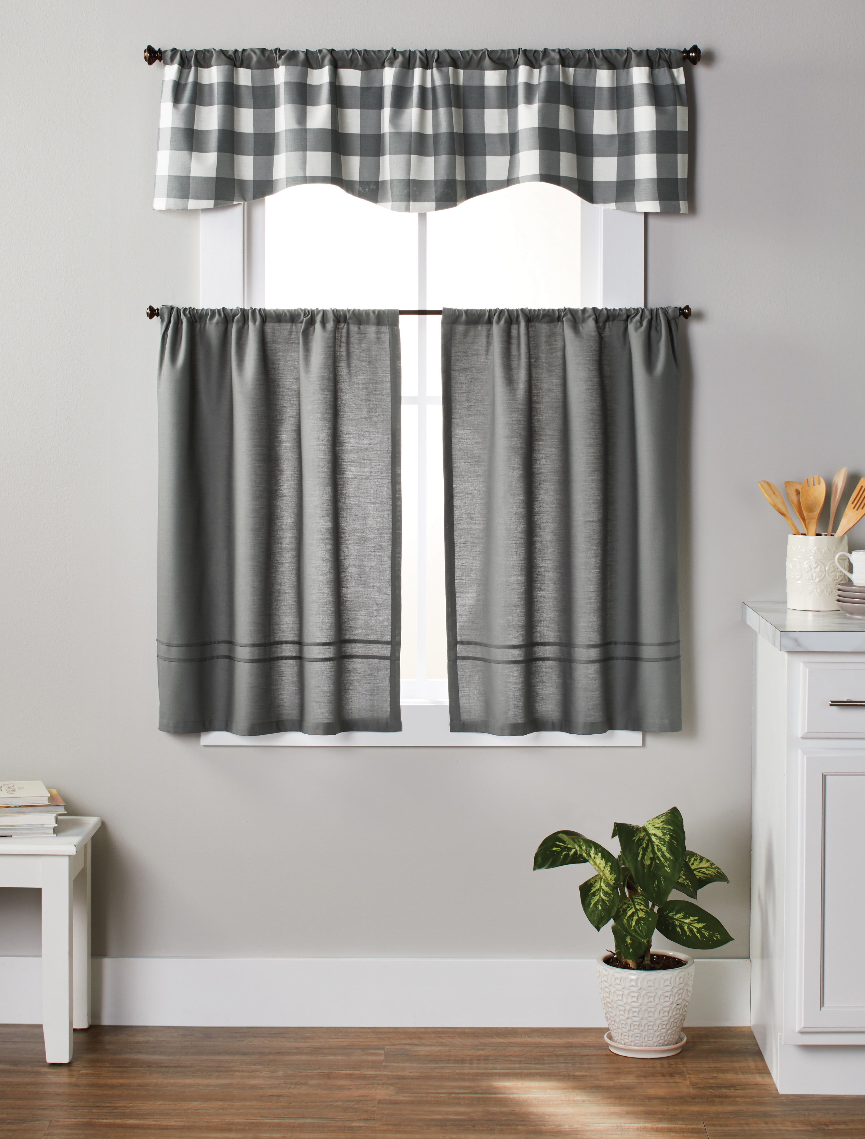 Better Homes & Gardens Checks N Solids 3-Piece Kitchen Window Curtains ...