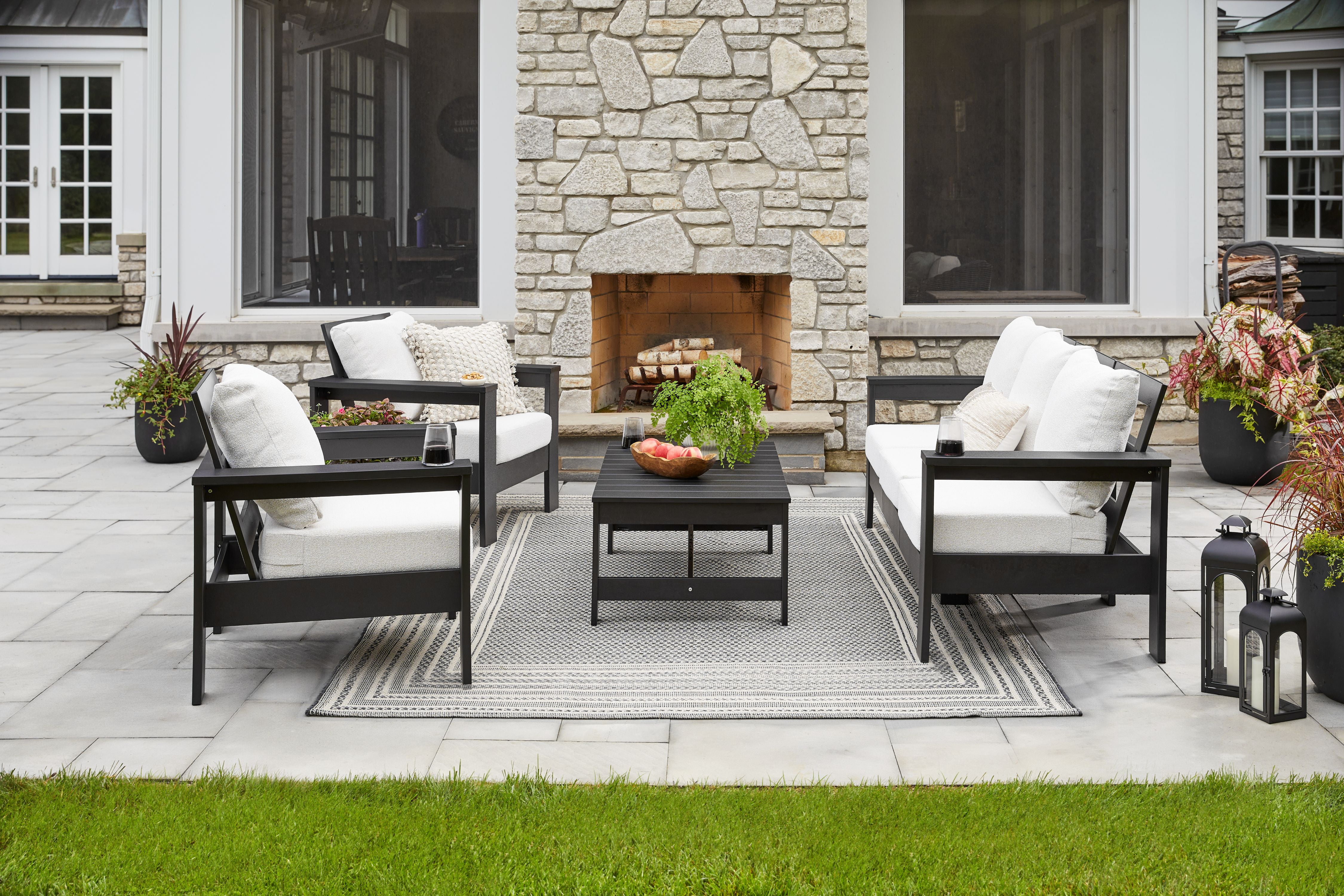 Better Homes & Gardens Ezra 4-Piece Outdoor HDPE Conversation Set, Black with Cream Boucle ...