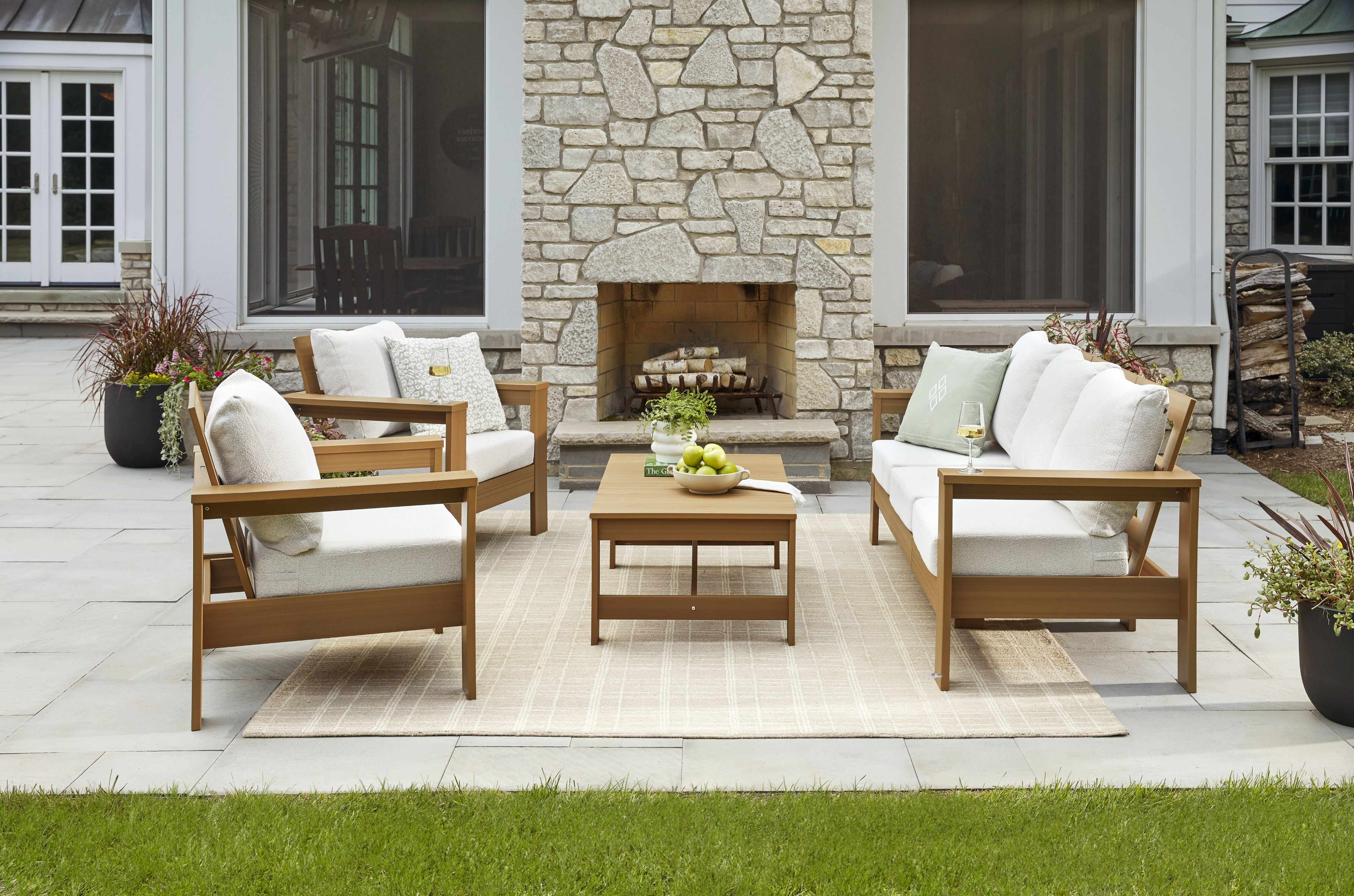 Better Homes & Gardens Ezra 4-Piece Outdoor HDPE Conversation Set, Teak with Cream Boucle ...