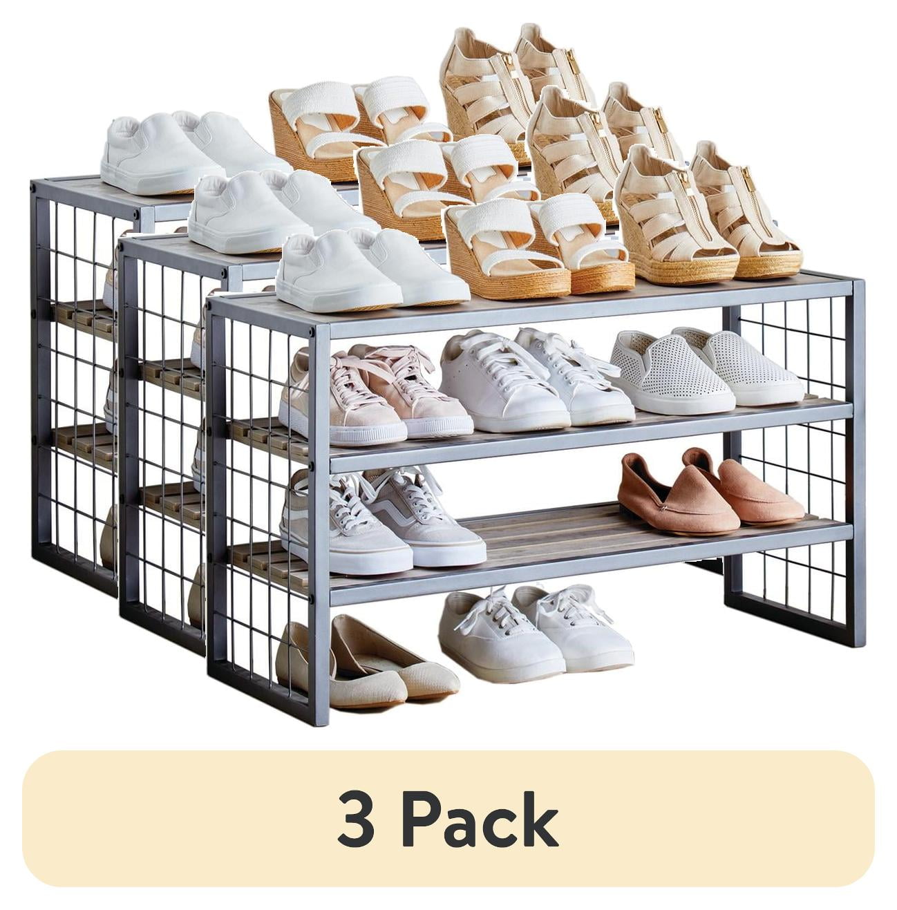 (3 pack) Better Homes & Gardens Farmhouse 3 Tier Shoe Rack, Gray, 30IN ...