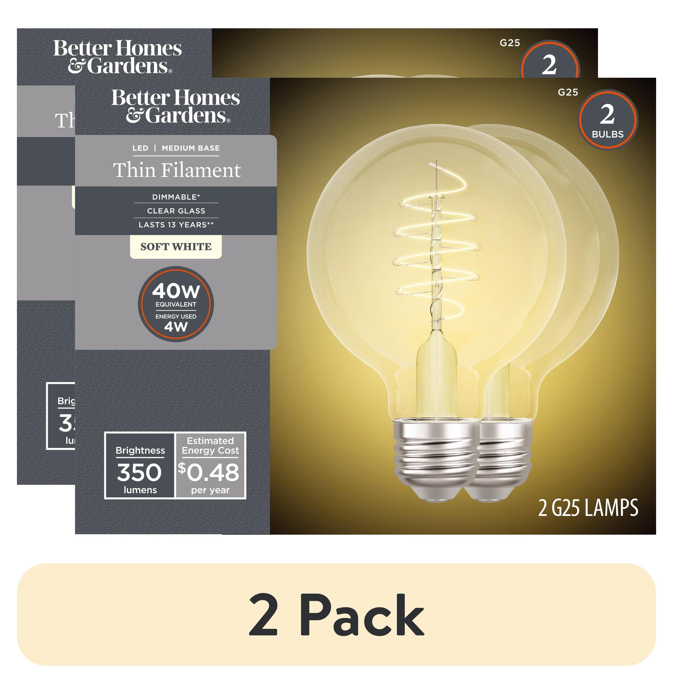 (2 pack) Better Homes & Gardens G25 LED Vintage Light Bulb, 4 Watts ...