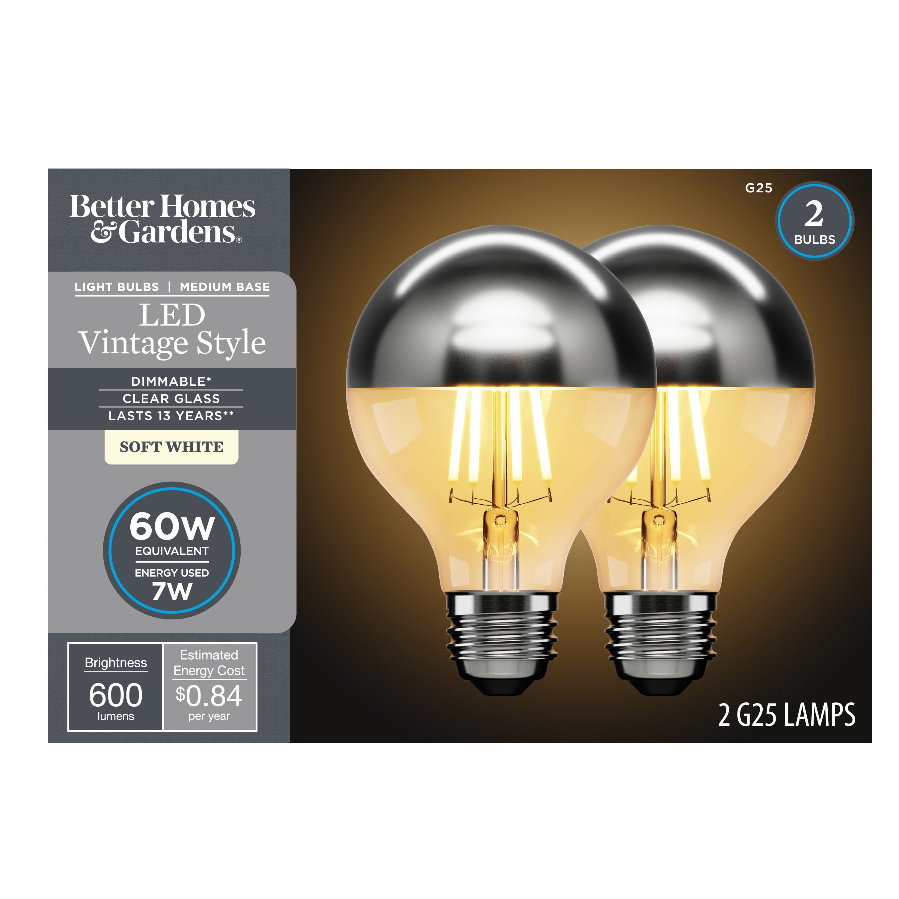 Better Homes & Gardens G25 Silver Dipped Vintage LED Clear Globe Light ...