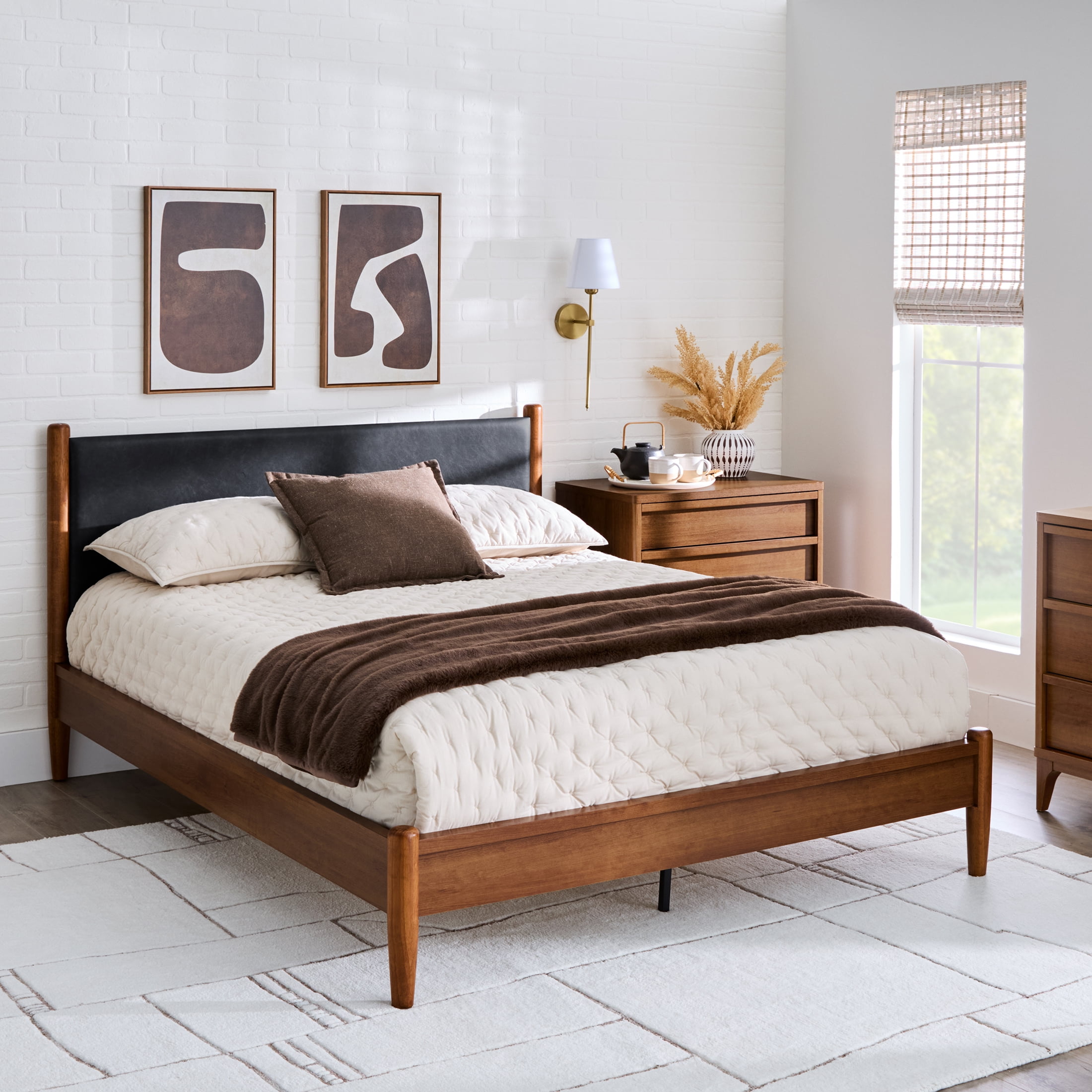 Better Homes & Gardens Greyson Wood/Leather King Platform Bed, Acorn Finish - Walmart.com