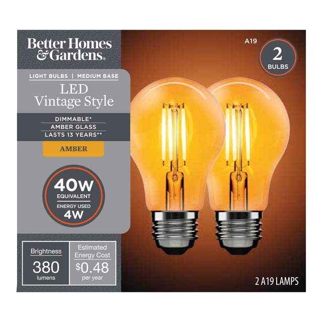 Better Homes & Gardens LED Vintage Light Bulb, A19 40 Watts Amber ...