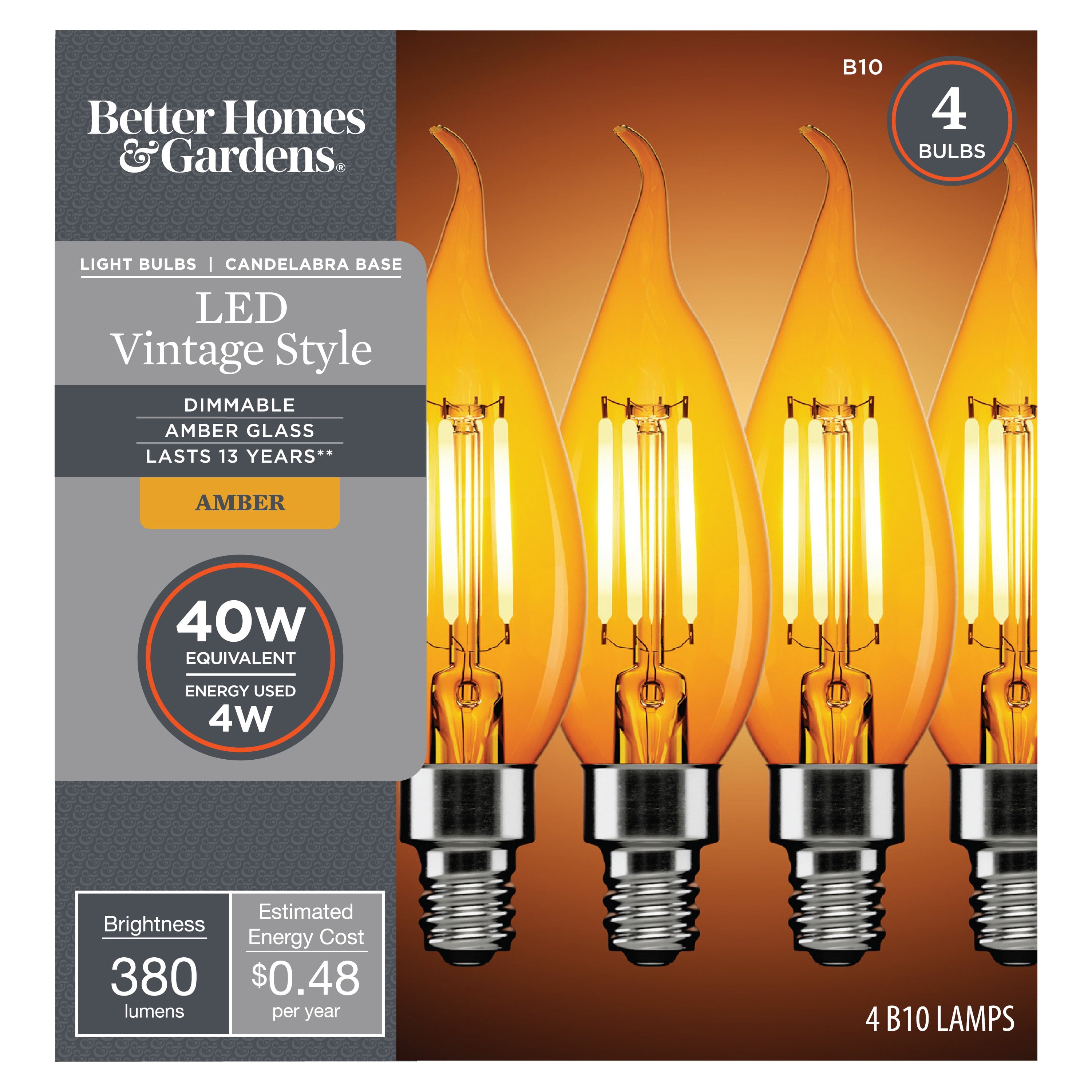 Better Homes & Gardens LED Vintage Light Bulb, B10, 40 Watts Amber ...