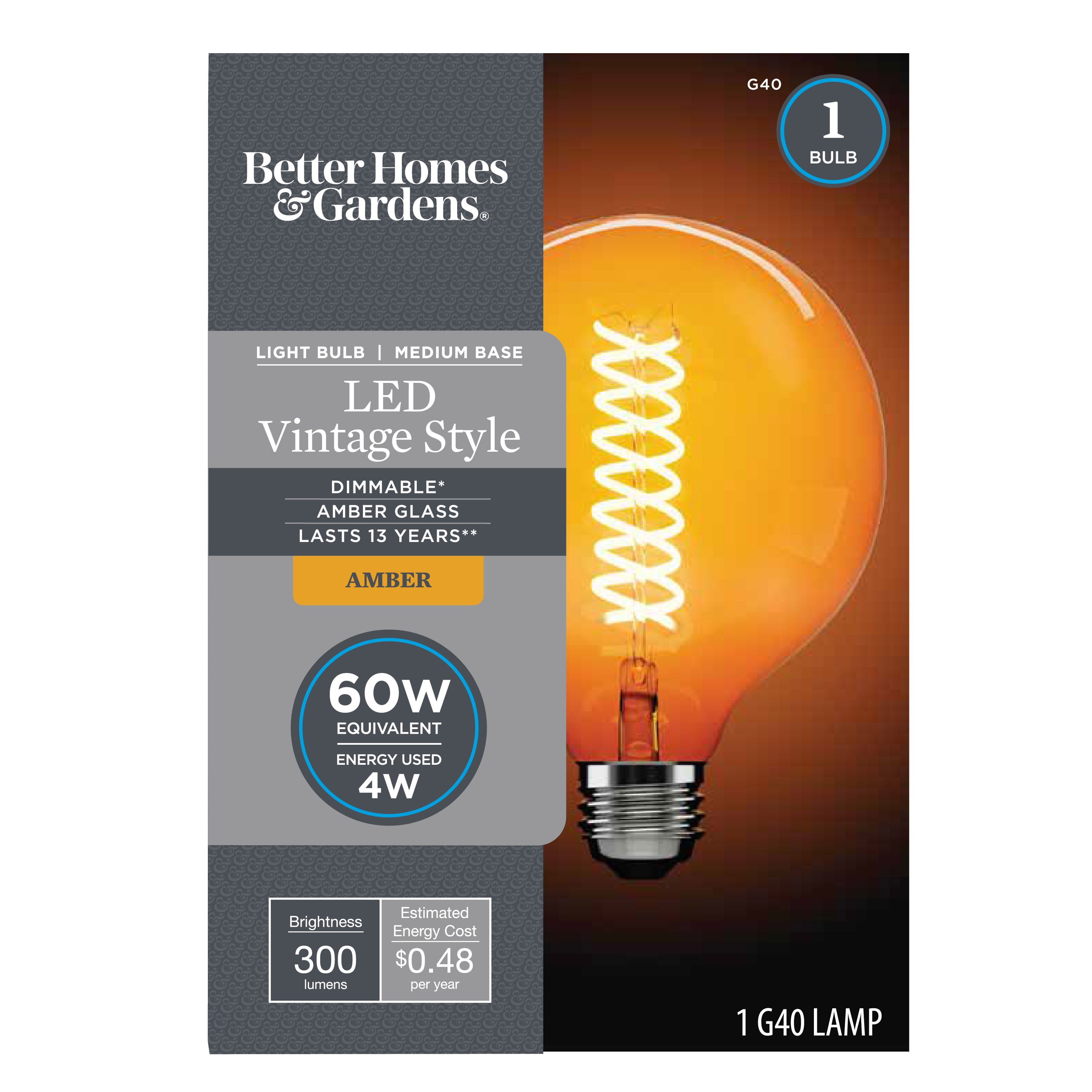 Better Homes & Gardens LED Vintage Light Bulb, G40 60W Eqv, Amber ...