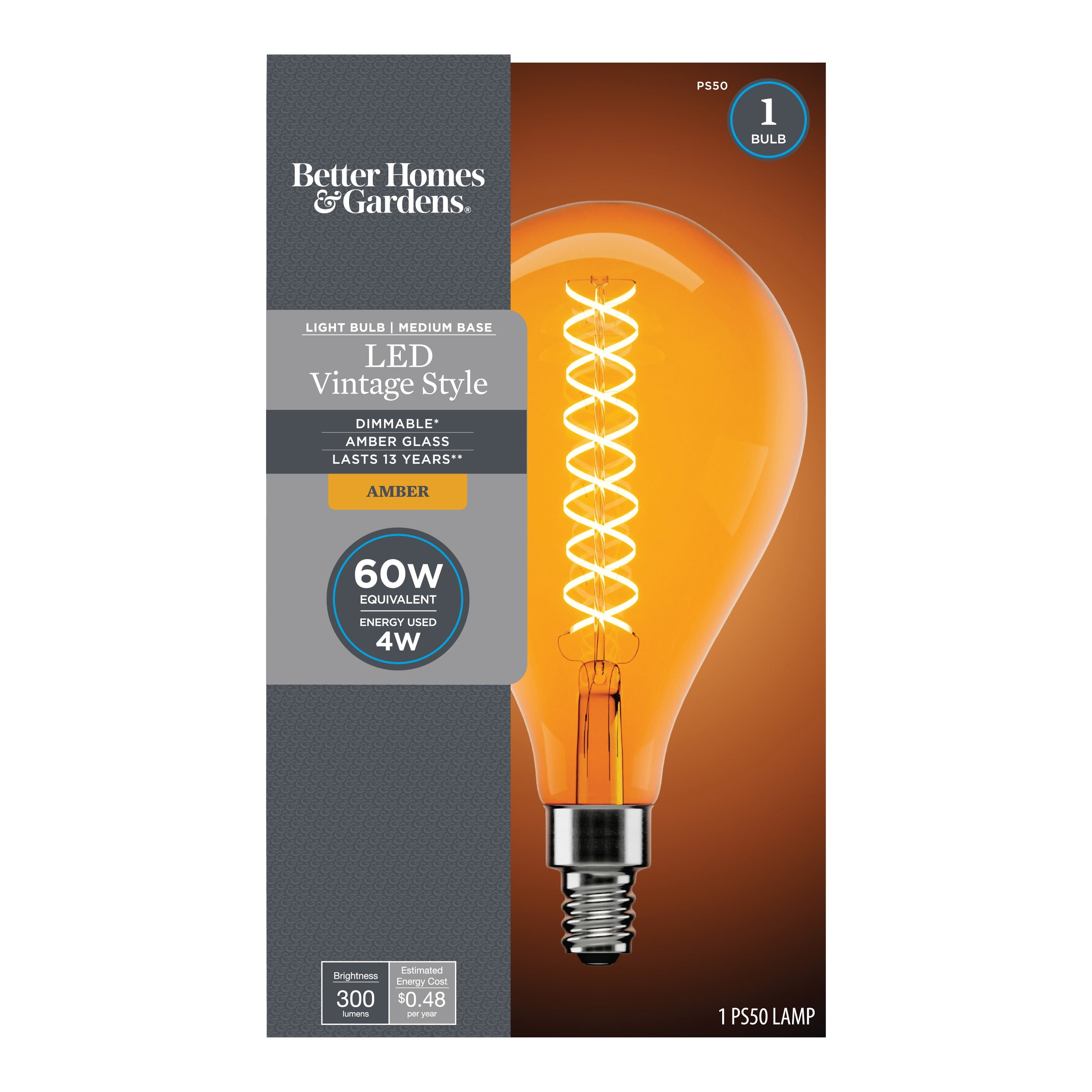 Better Homes & Gardens LED Vintage Light Bulb, PS50 60 Watts, Amber ...