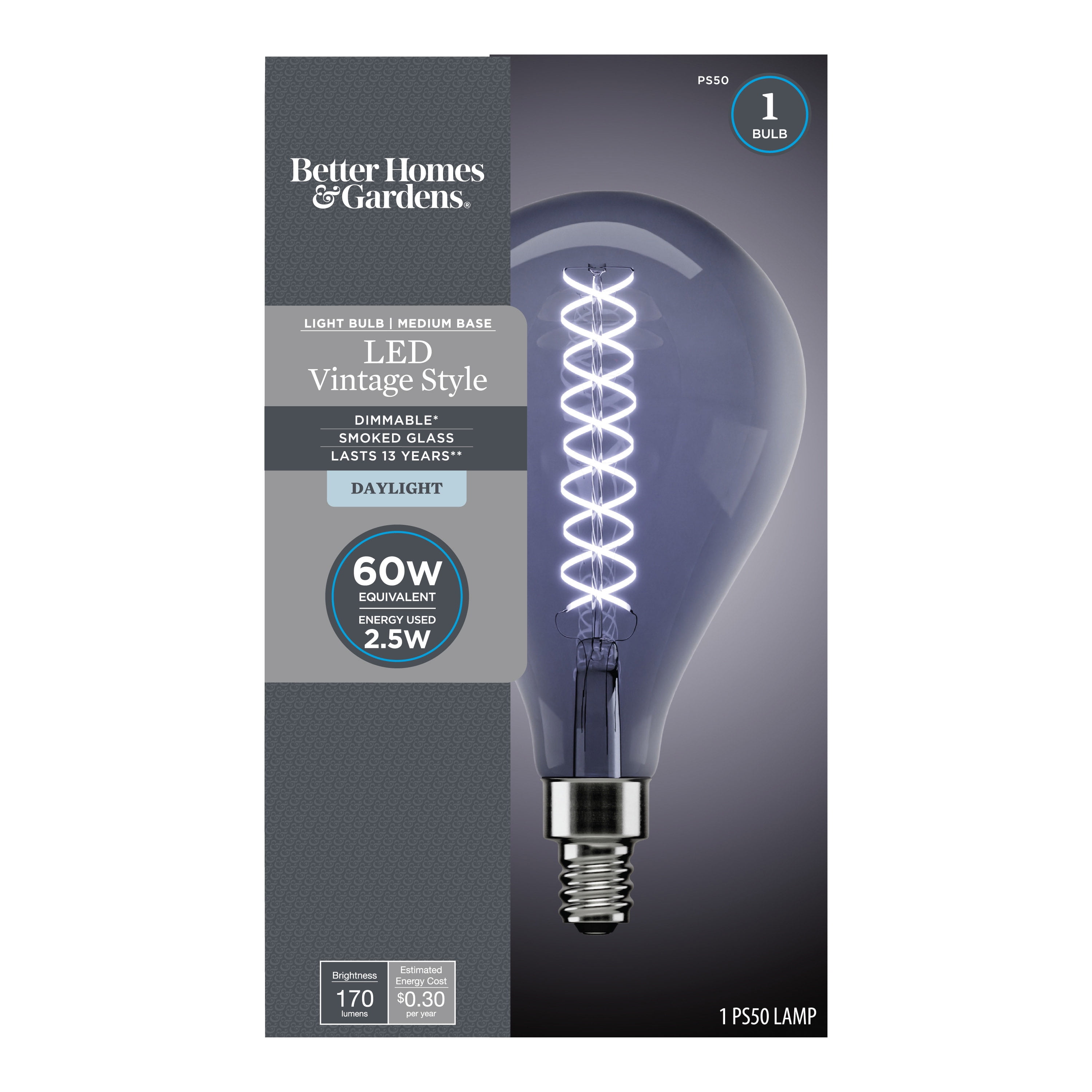 Better Homes & Gardens Oversized LED Vintage Style Light Bulb, PS50, 60 ...