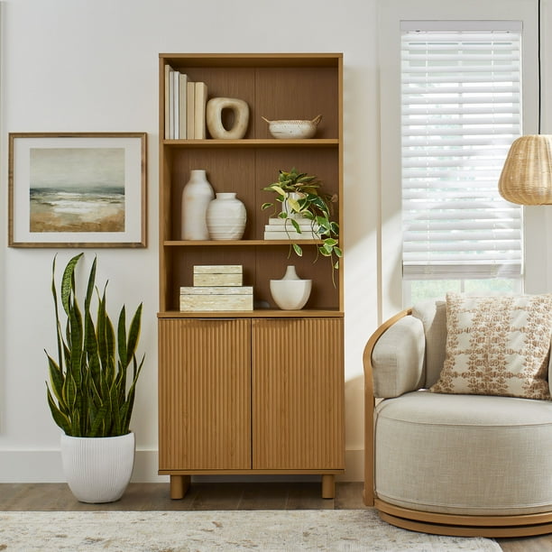 Better Homes & Gardens Lillian Fluted Bookcase with Doors, Natural Pine ...