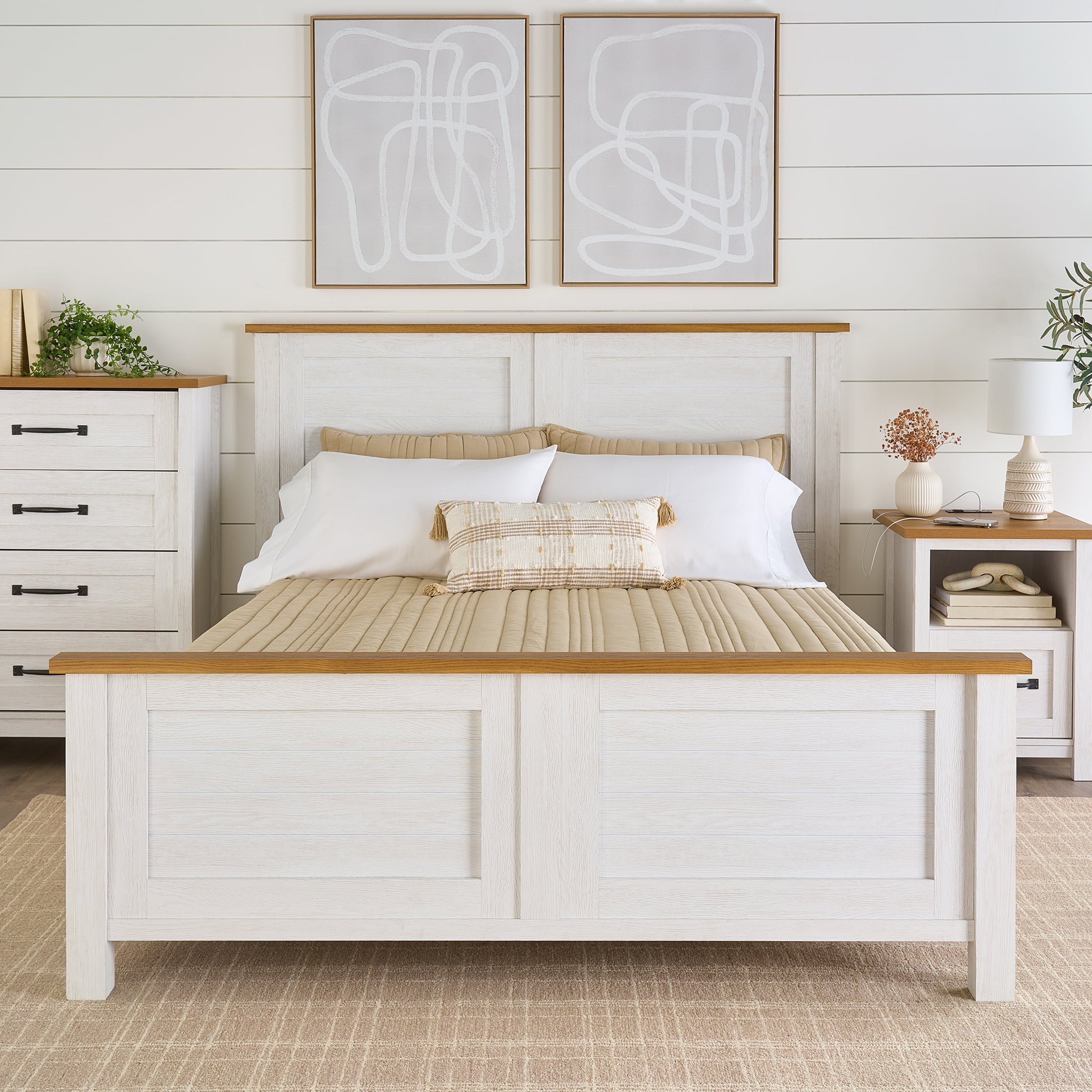 Better Homes & Gardens Modern Farmhouse Queen Platform Bed, Alabaster ...