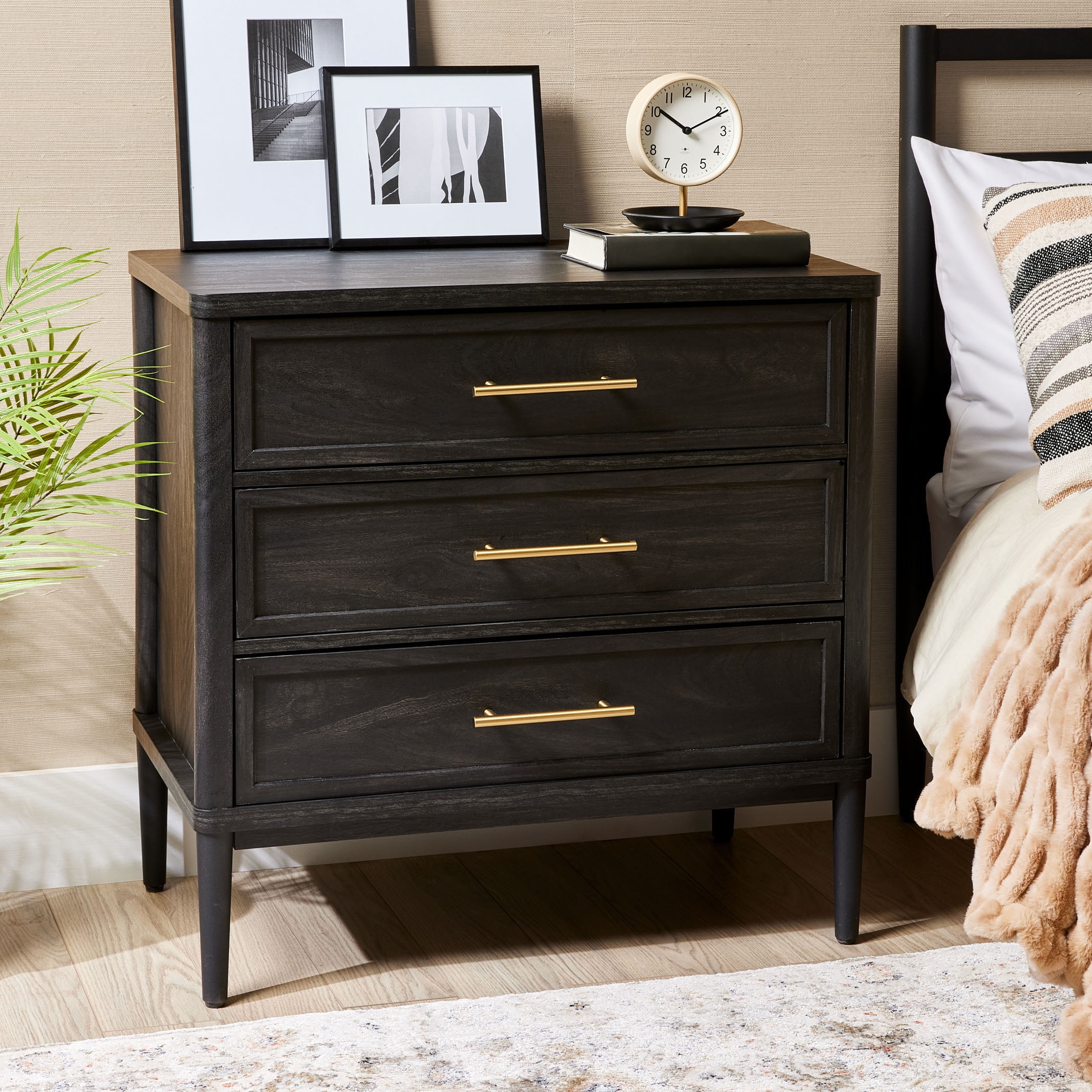 Better Homes & Gardens Oaklee 3 Drawer Nightstand with USB, Charcoal ...