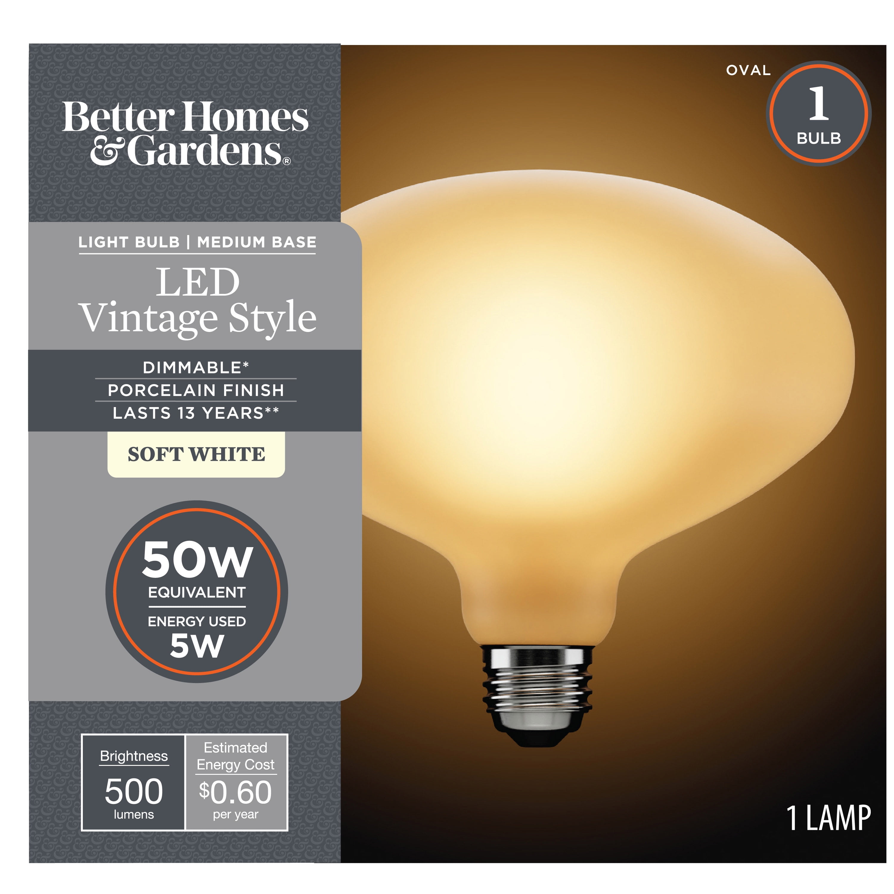 Better Homes & Gardens Oversized LED Vintage Light Bulb Oval 50 Watts ...