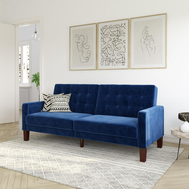 Better Homes & Gardens Porter Fabric Tufted Futon, Blue Velvet ...