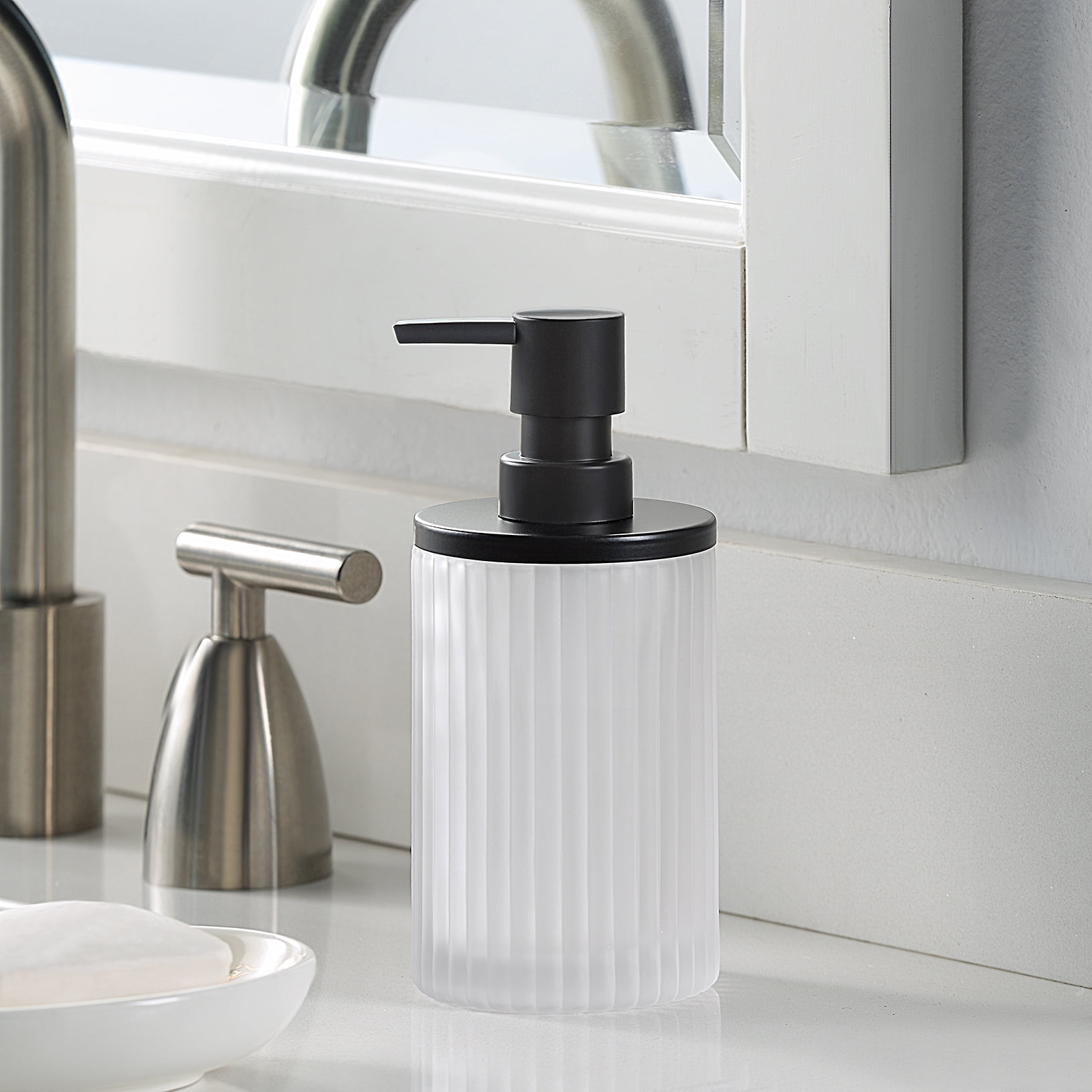 Better Homes & Gardens Ribbed Glass and Metal Soap Pump White with ...