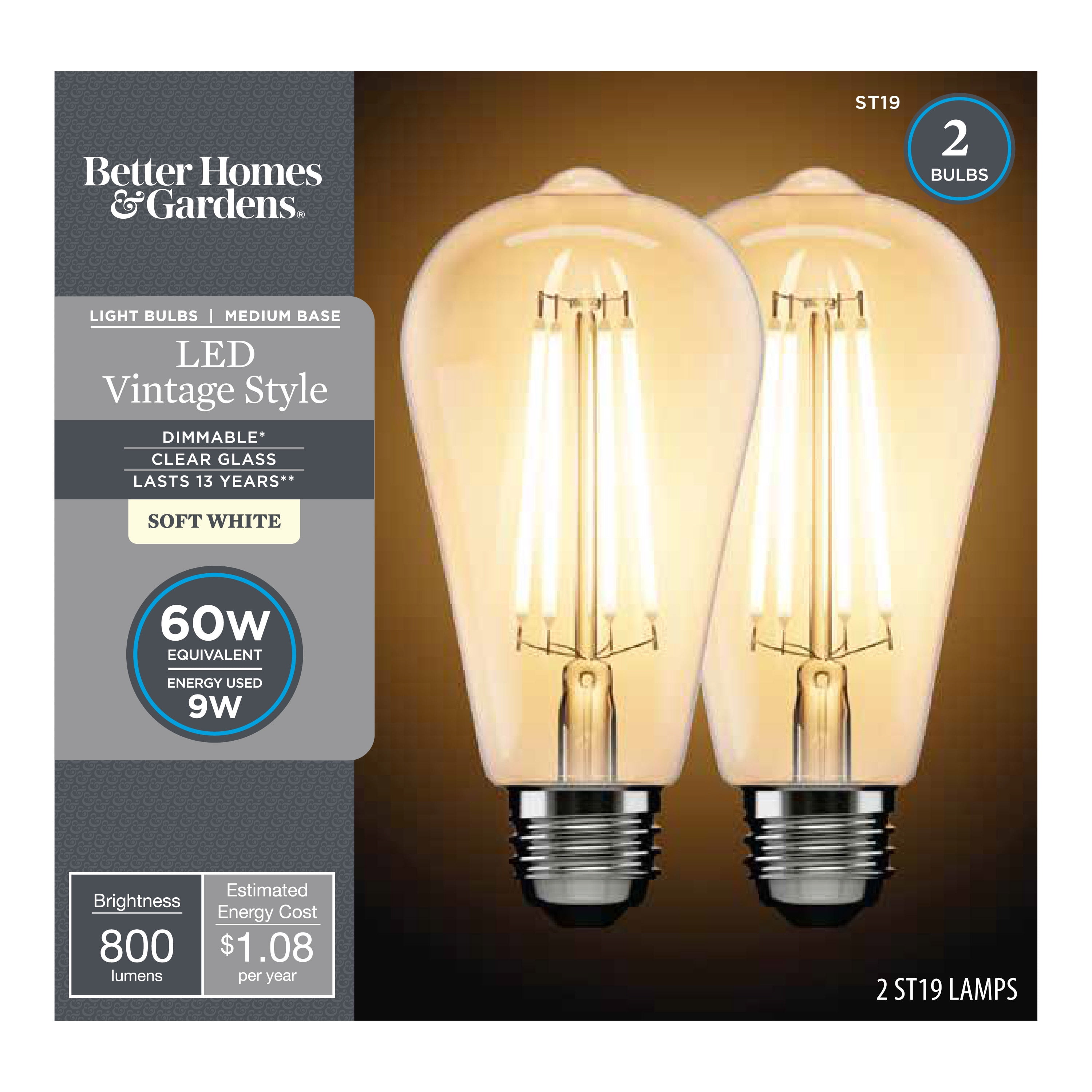 Better Homes & Gardens Vintage LED Light Bulb 60W Equivalent E26 ...