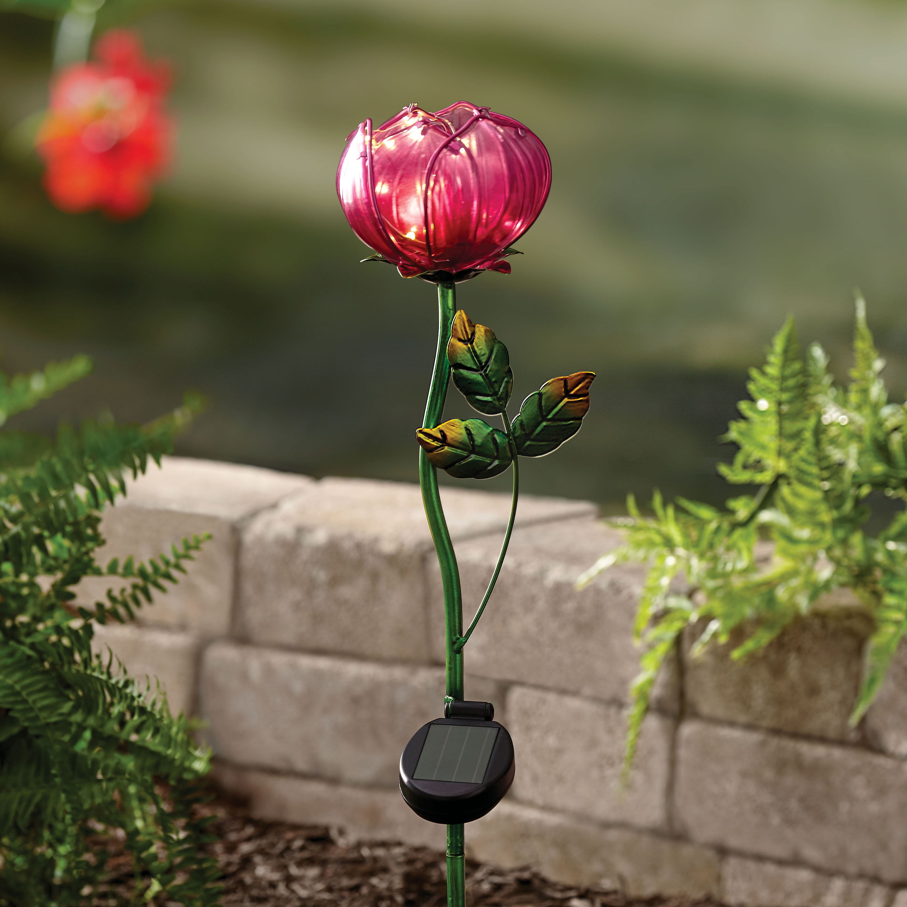 Better Homes & Gardens Solar Powered LED Pink Glass Peony Stake Light ...