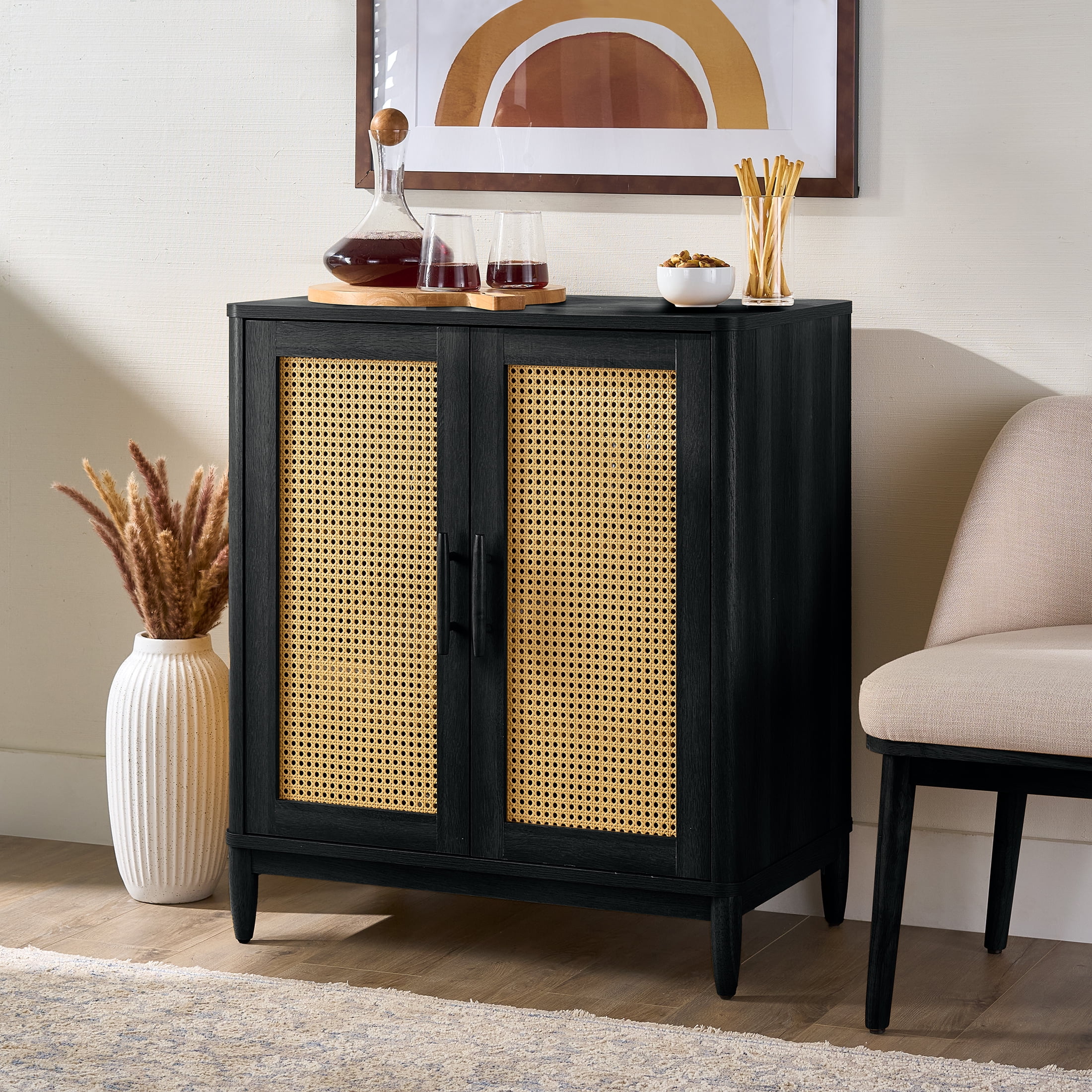 Better Homes & Gardens Springwood Caning Bar Cabinet, Charcoal Finish ...