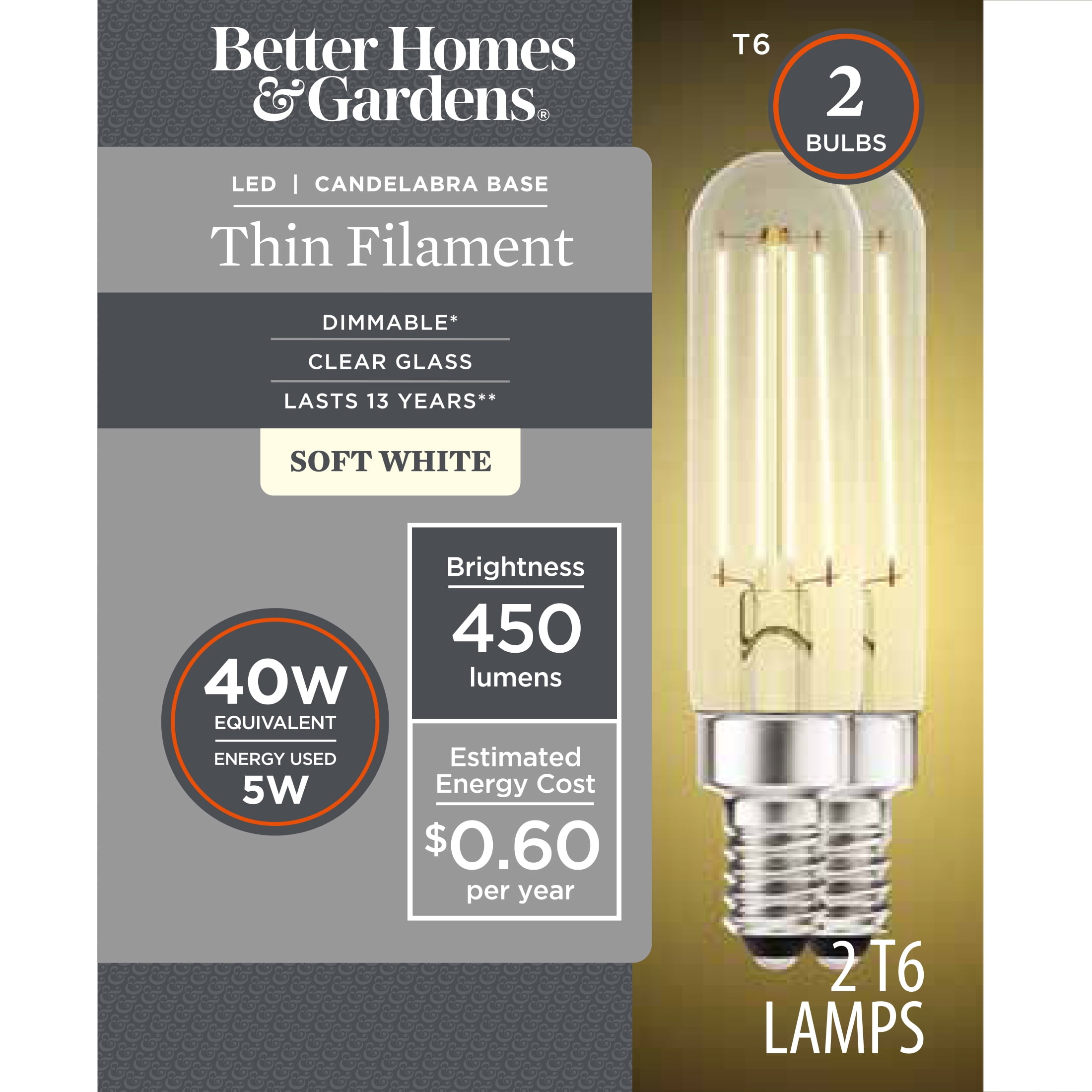 Better Homes & Gardens T6 LED Vintage Light Bulb, 5 Watts (40W ...