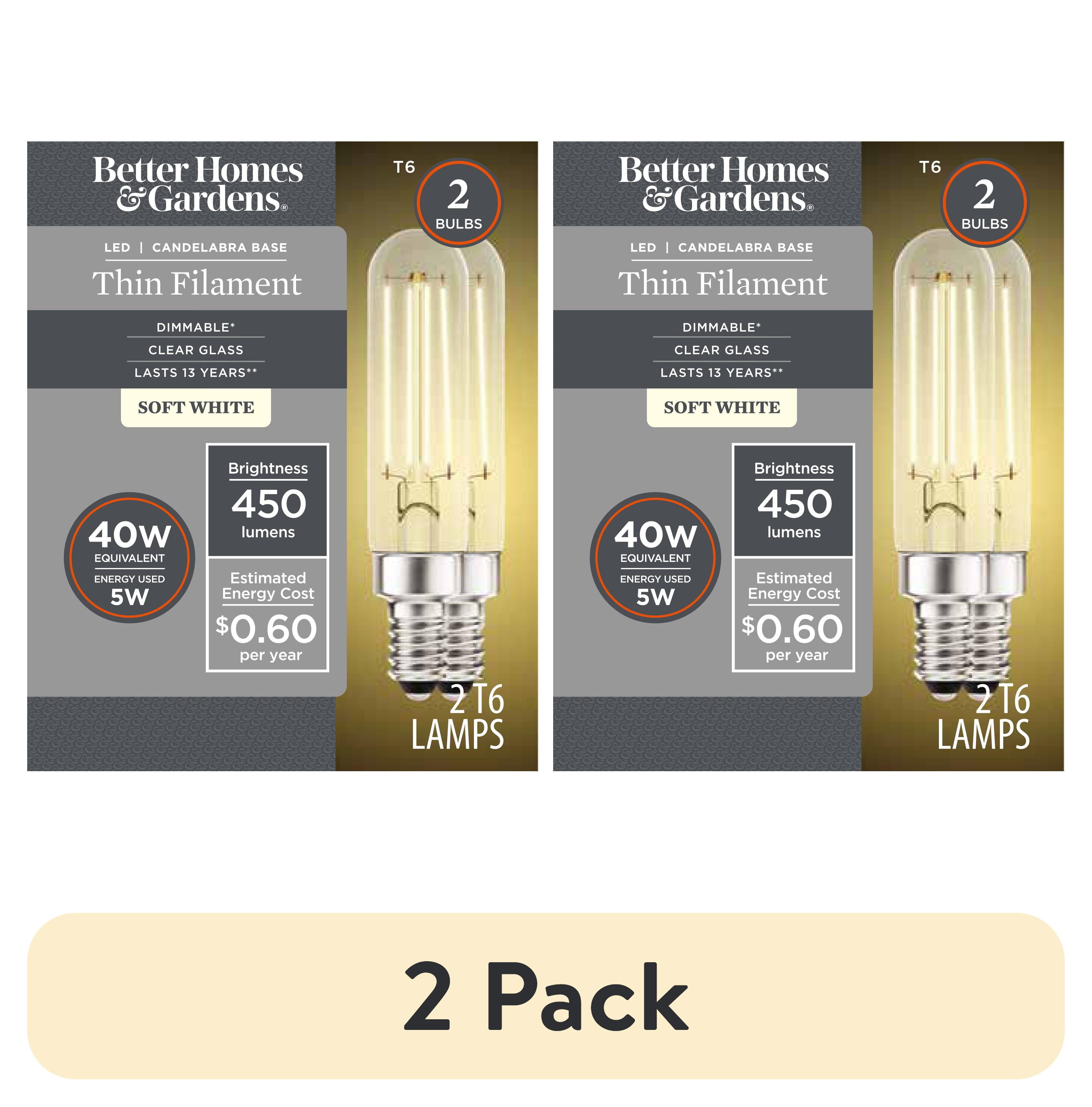 (2 pack) Better Homes & Gardens T6 LED Vintage Light Bulb, 5 Watts (40W ...