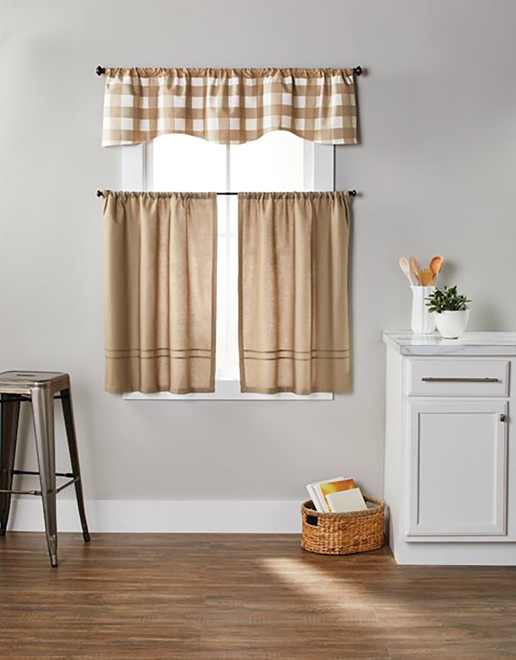 Better Homes & Gardens Tan Gingham Light Filtering Kitchen Curtain Set ...
