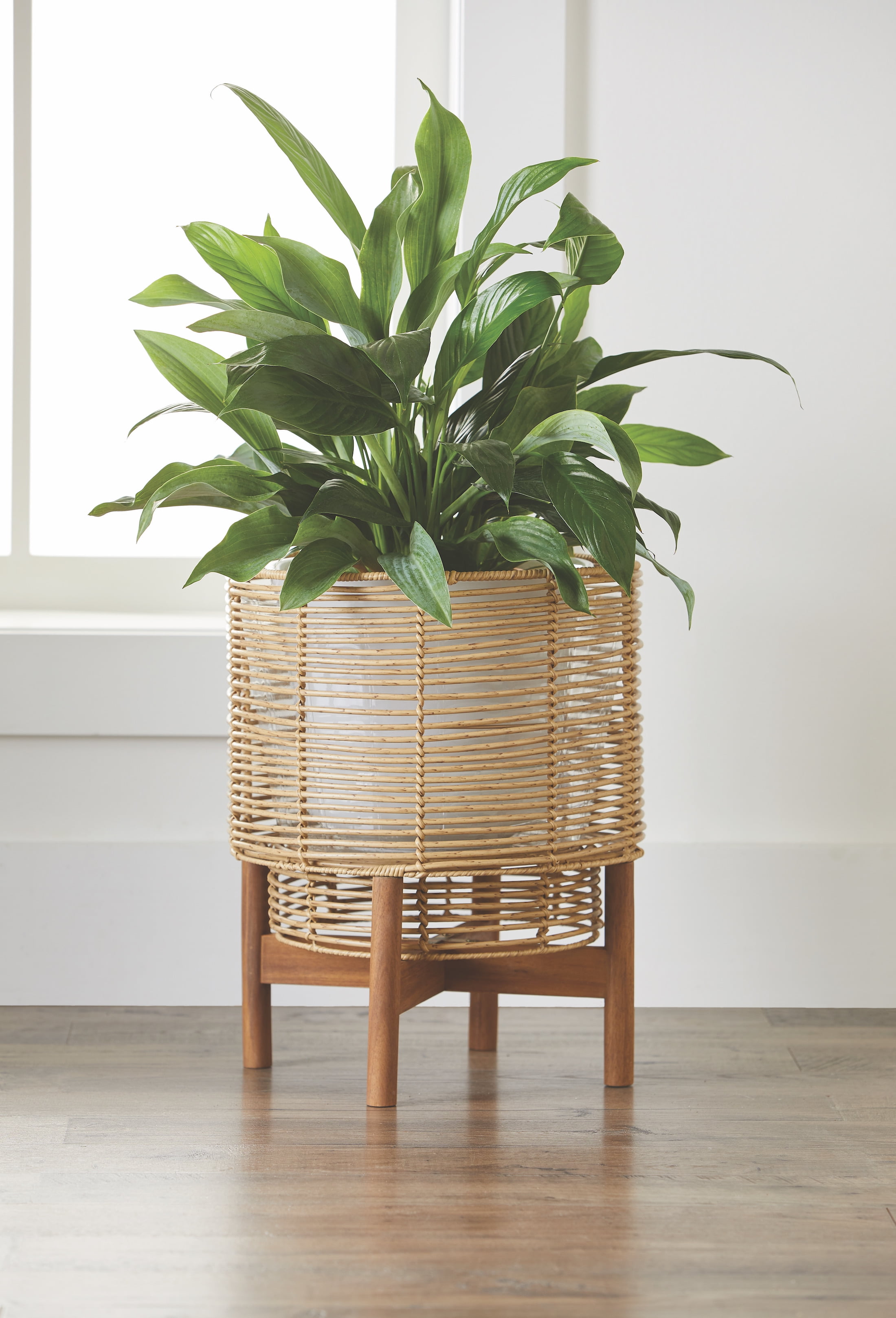 Better Homes & Gardens Tan Round Resin Rattan Planter & Stand Set ...
