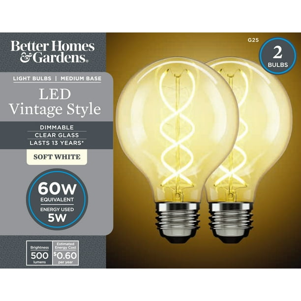BHG LED Bulb, 5-Watt (60W Equivalent) G25 Vintage Style, E26 Base, Dimmable, Soft White, 2-Pack ...
