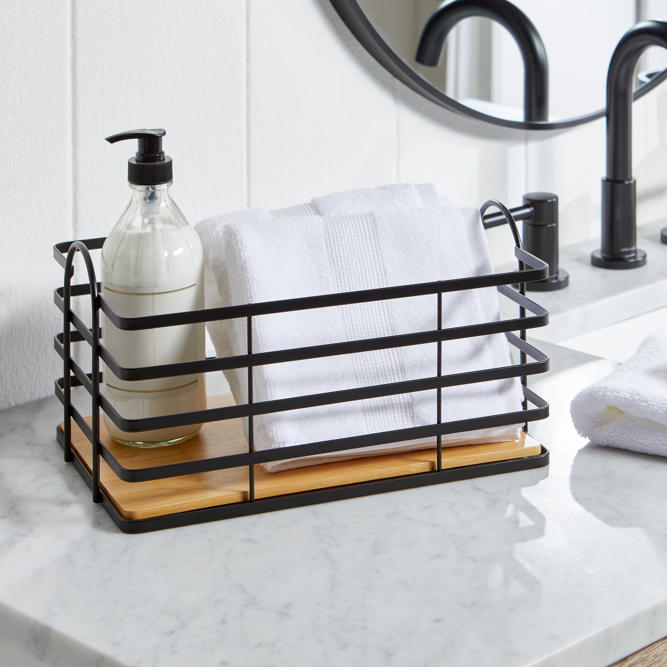 Better Homes & Gardens Matte Black Wire Storage Basket with Bamboo ...