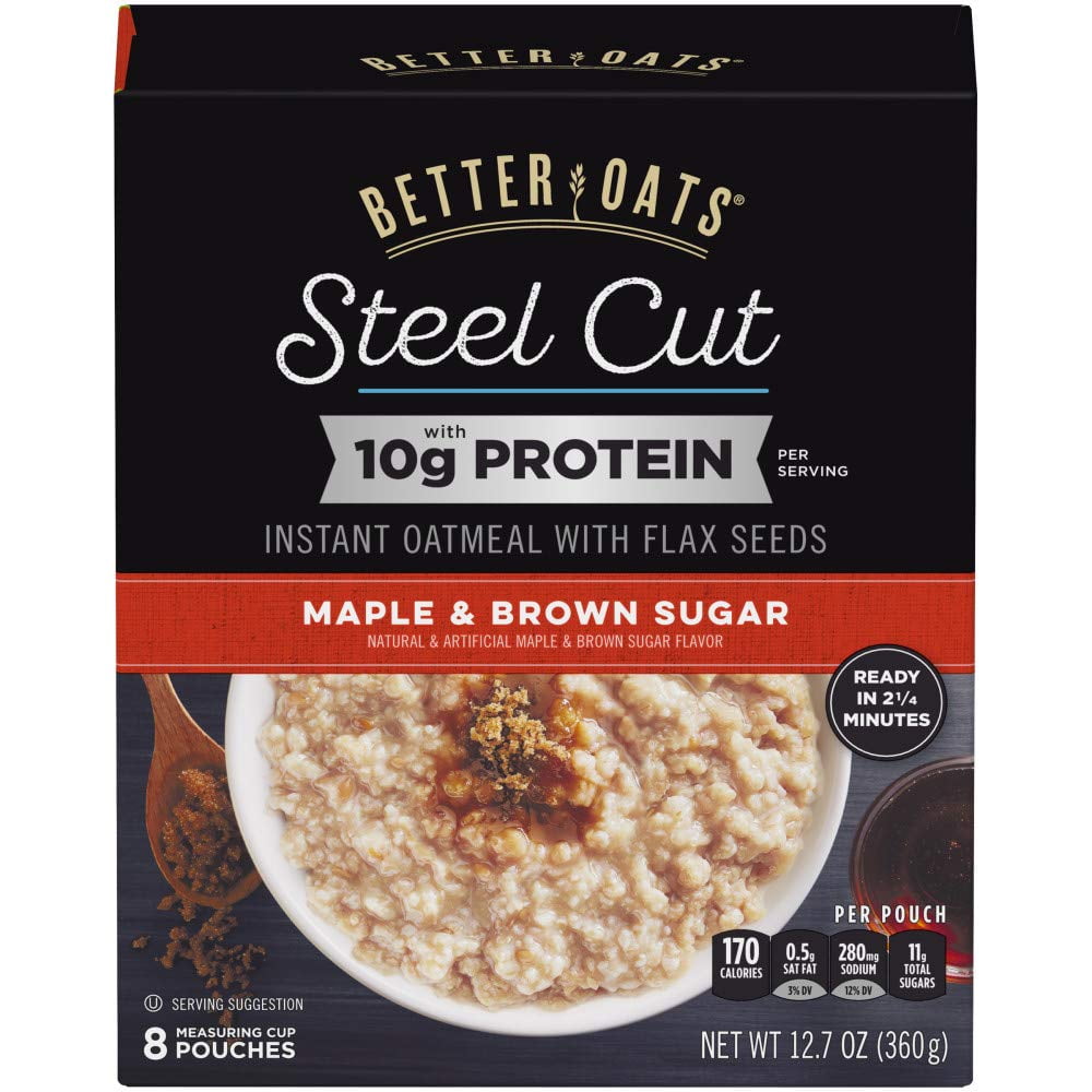 Better Oats Steel Cut Protein Oatmeal Packets, Maple and Brown Sugar ...