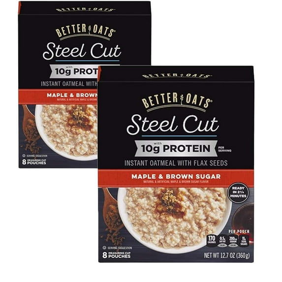 Better Oats Steel Cut Protein Oatmeal, Flax Seeds, Maple Brown Sugar, 8 ...