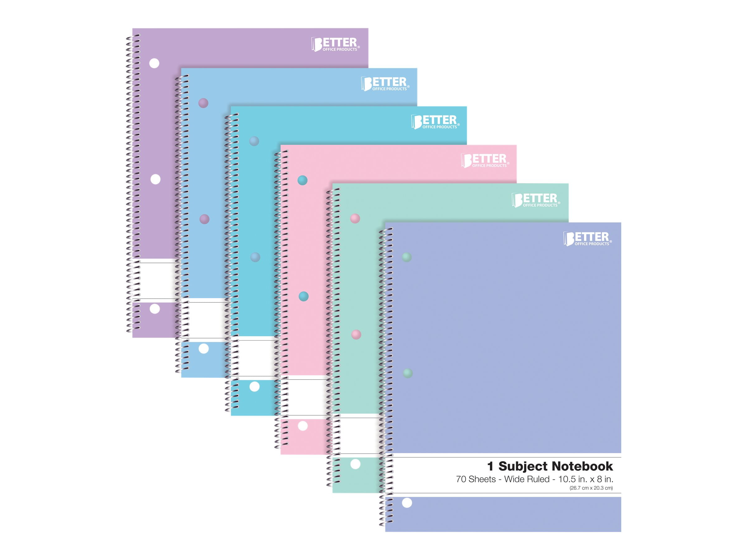 Better Office Products 1-Subject Spiral Notebooks, 70 Sheets, Wide ...