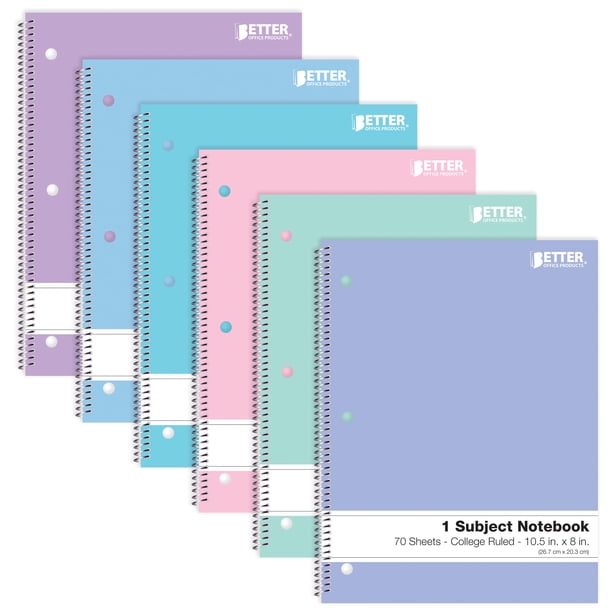 Better Office Products Spiral Notebooks, 6 Pack, 1 Subject, 70 Sheets ...