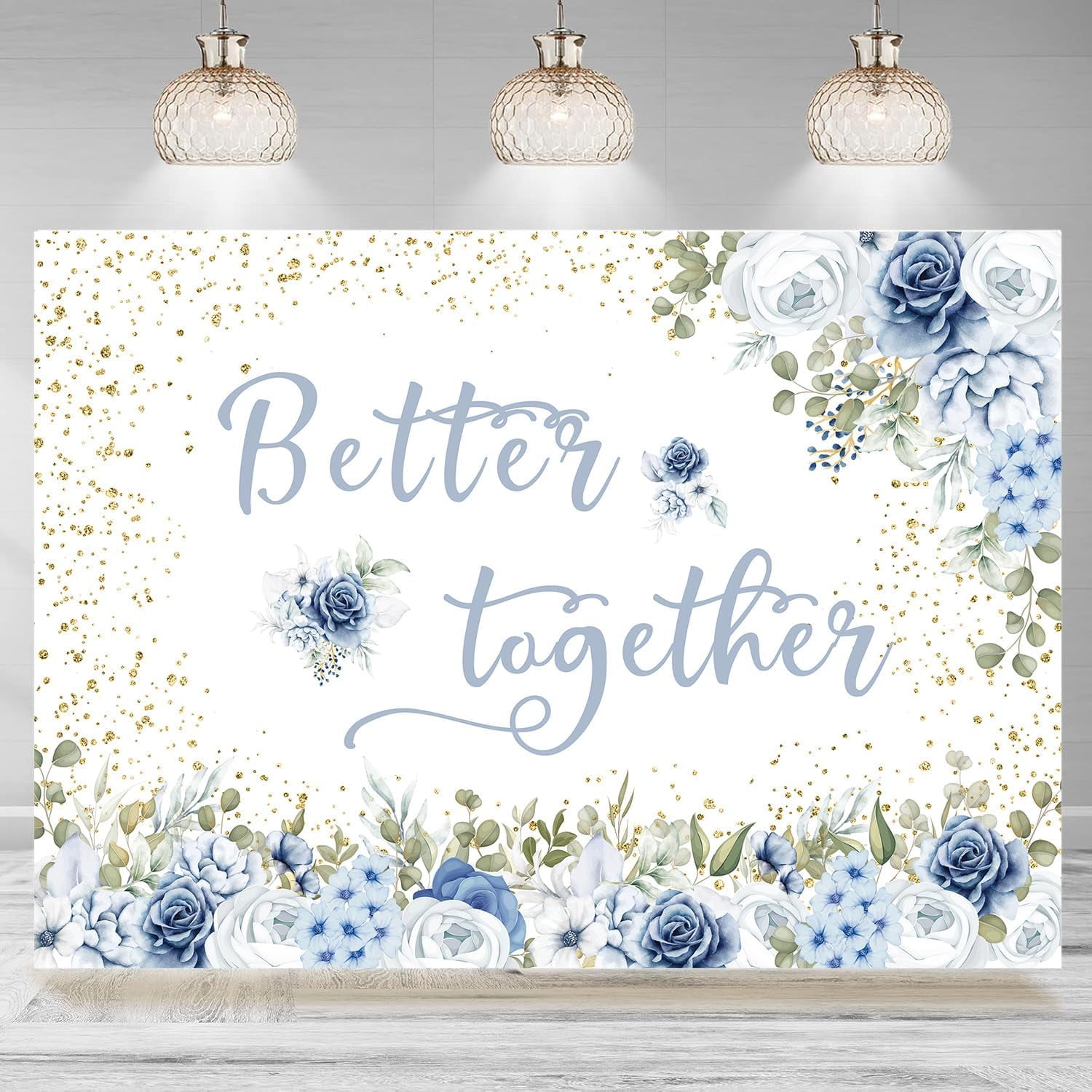 Better Together Backdrop Blue Floral Gold Dots Bridal Shower ...