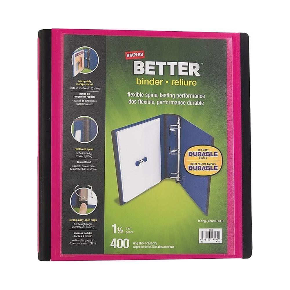 Staples Better View Binder, 1.5" D-Ring, 400 Sheet Capacity, Poly, Pink ...